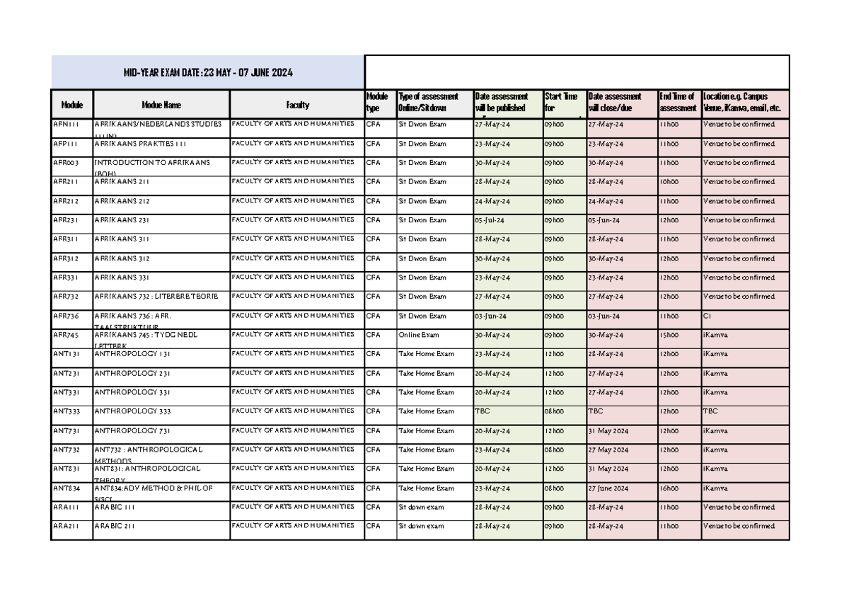 Mid Year 2024 Timetable Draft - Module Modue Name Faculty Module type ...