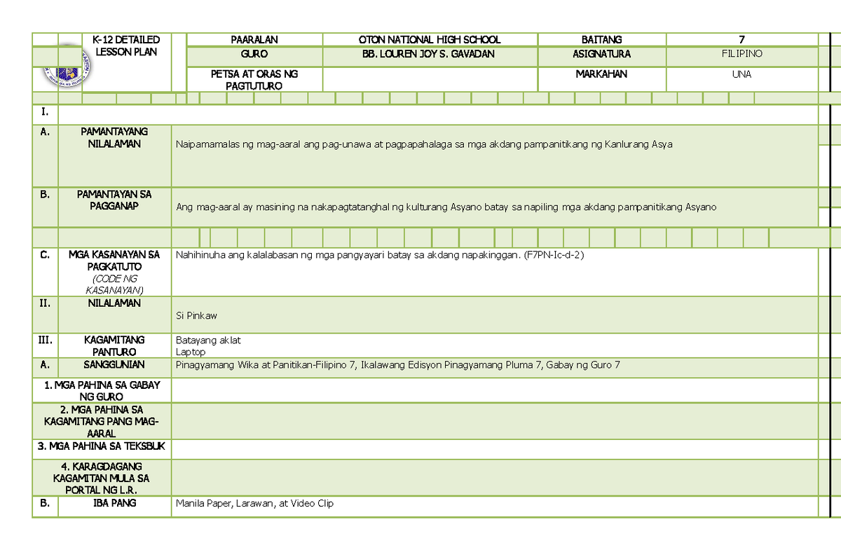 Si Pinkaw - Lesson plan - K-12 DETAILED LESSON PLAN PAARALAN OTON ...