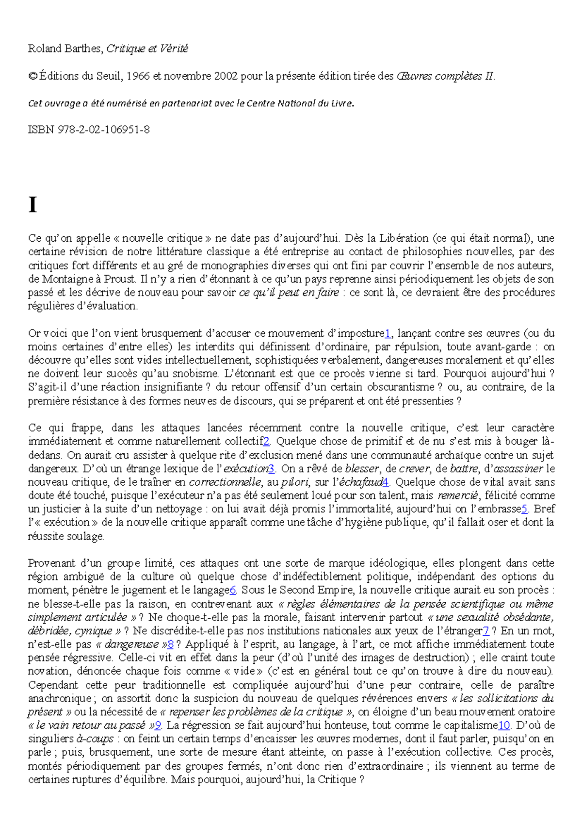 Roland Barthes Critique et Vérité - Roland Barthes, Critique et Vérité © Éditions du Seuil, 1966 ...