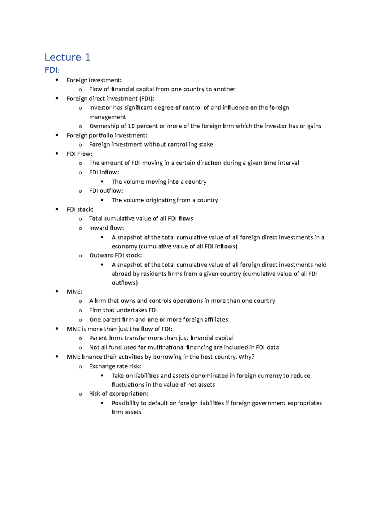 Foreign direct investment lectures - Lecture 1 FDI: Foreign investment ...