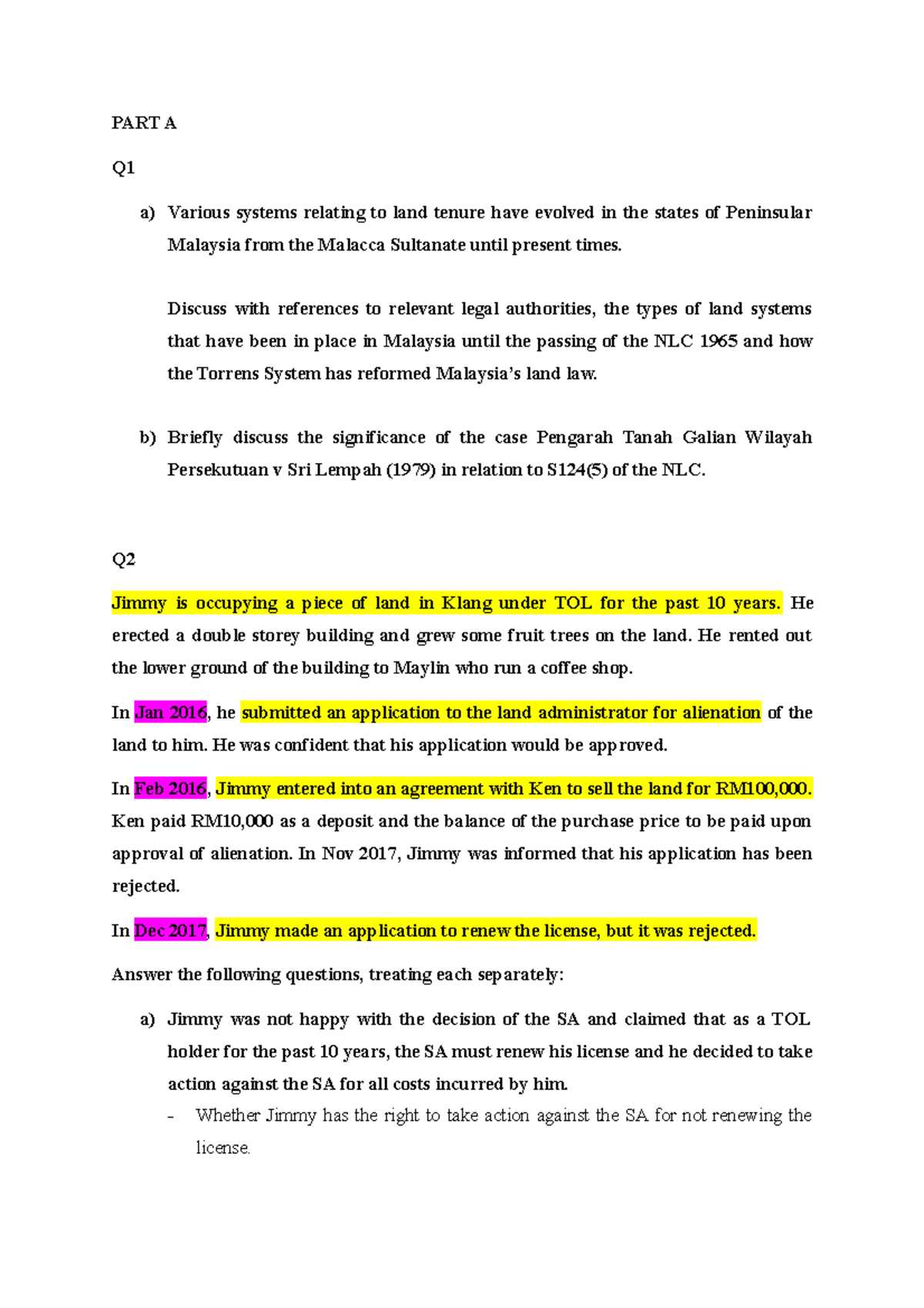 Tutorial 24 - questions on land 1 - PART A Q a) Various systems ...