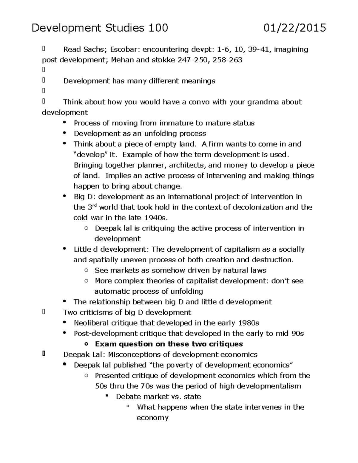 DS 100 Notes - Development Studies 100 01/22/ Read Sachs; Escobar ...