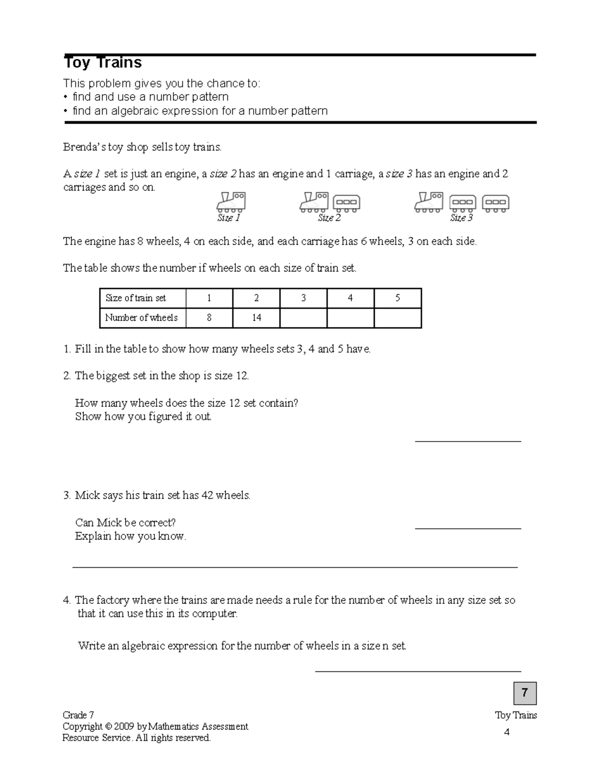 Toy trains - Grade 7 Toy Trains Copyright © 2009 by Mathematics ...