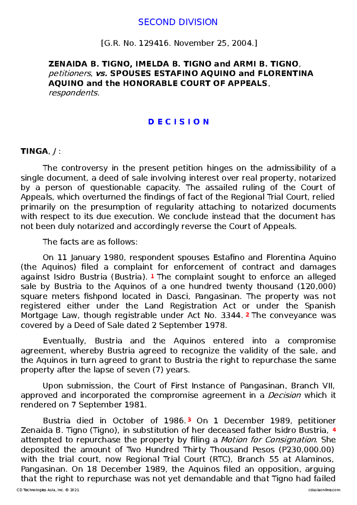 15. Tigno v - Academic review - SECOND DIVISION [G. No. 129416 ...