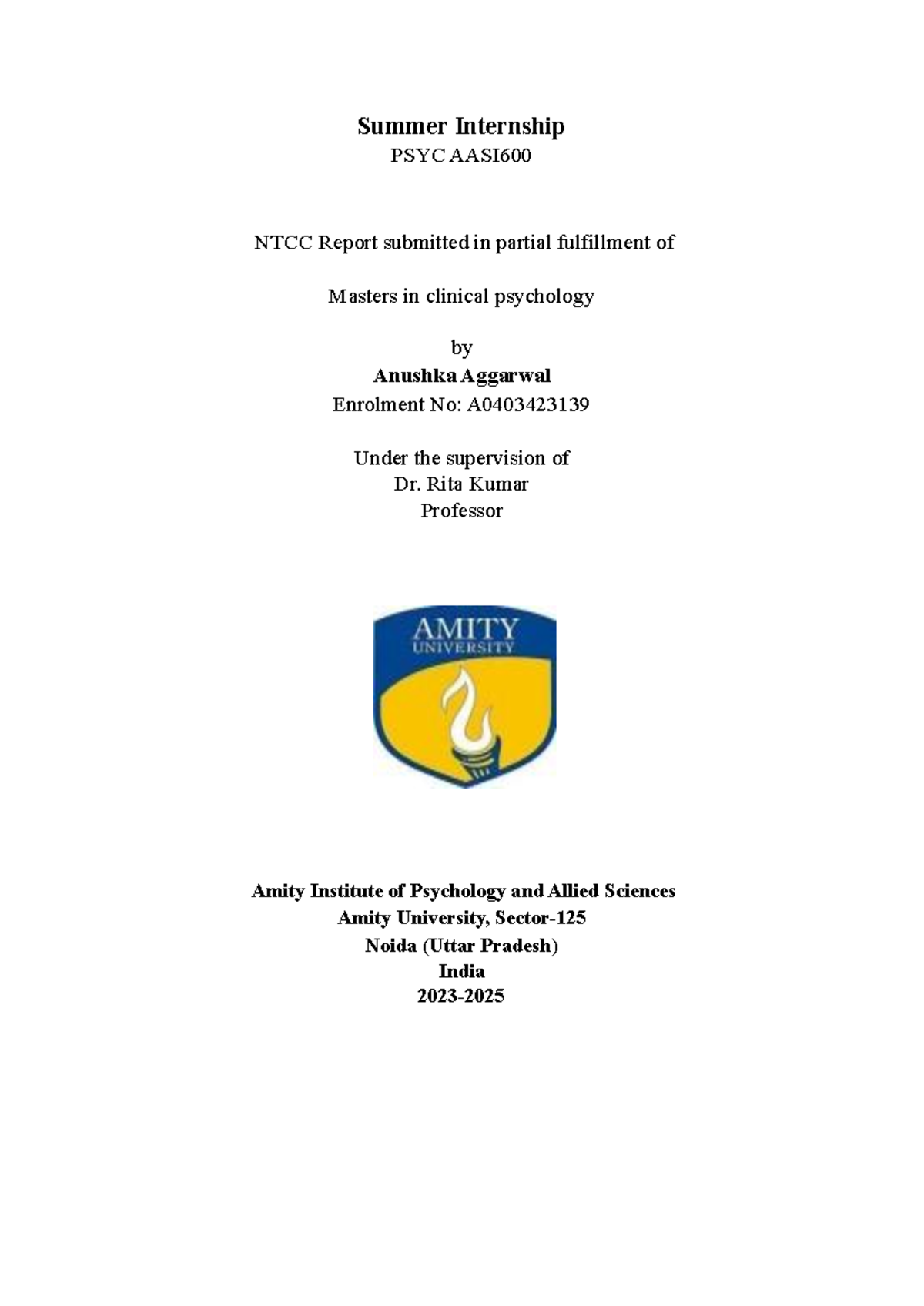 NTCC final report - ntcc - Summer Internship PSYC AASI 600 NTCC Report ...