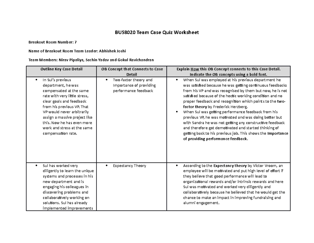 Team Mini Case Worksheet - BUS8020 Team Case Quiz Worksheet Breakout ...