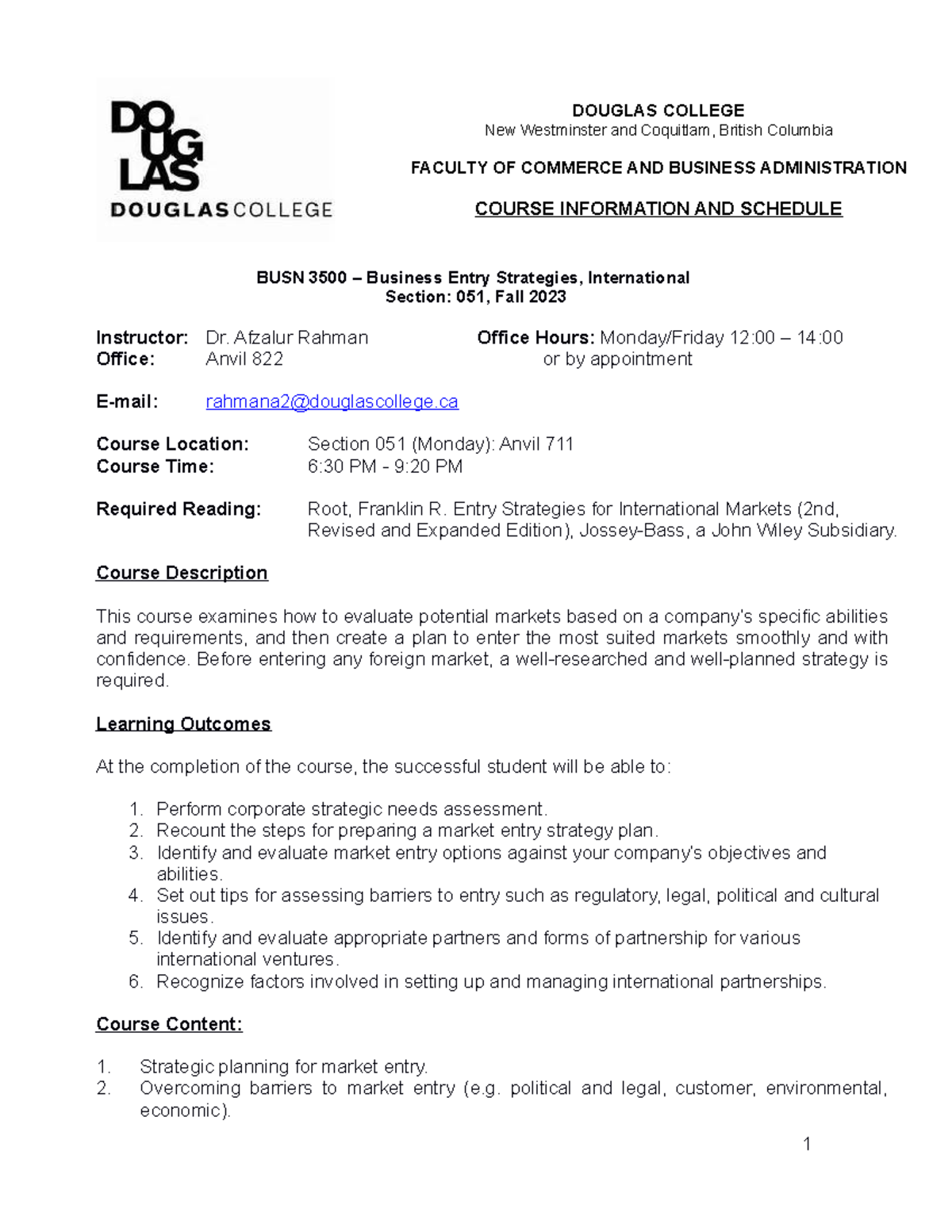 BUSN 3500-F23-Course Outline-051 - BUSN 3500 – Business Entry ...