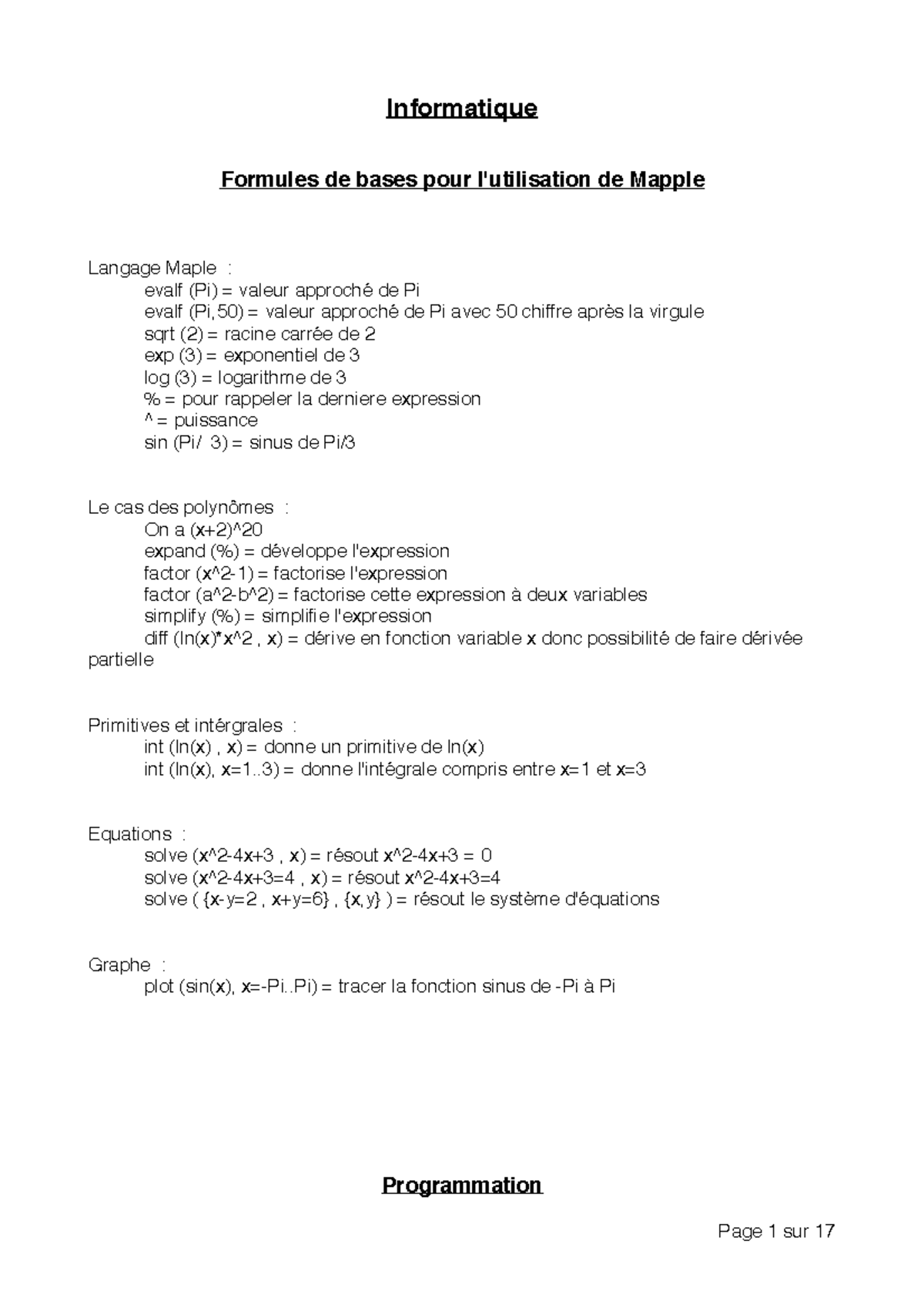 Informatique - Maple - Informatique Formules de bases pour l ...