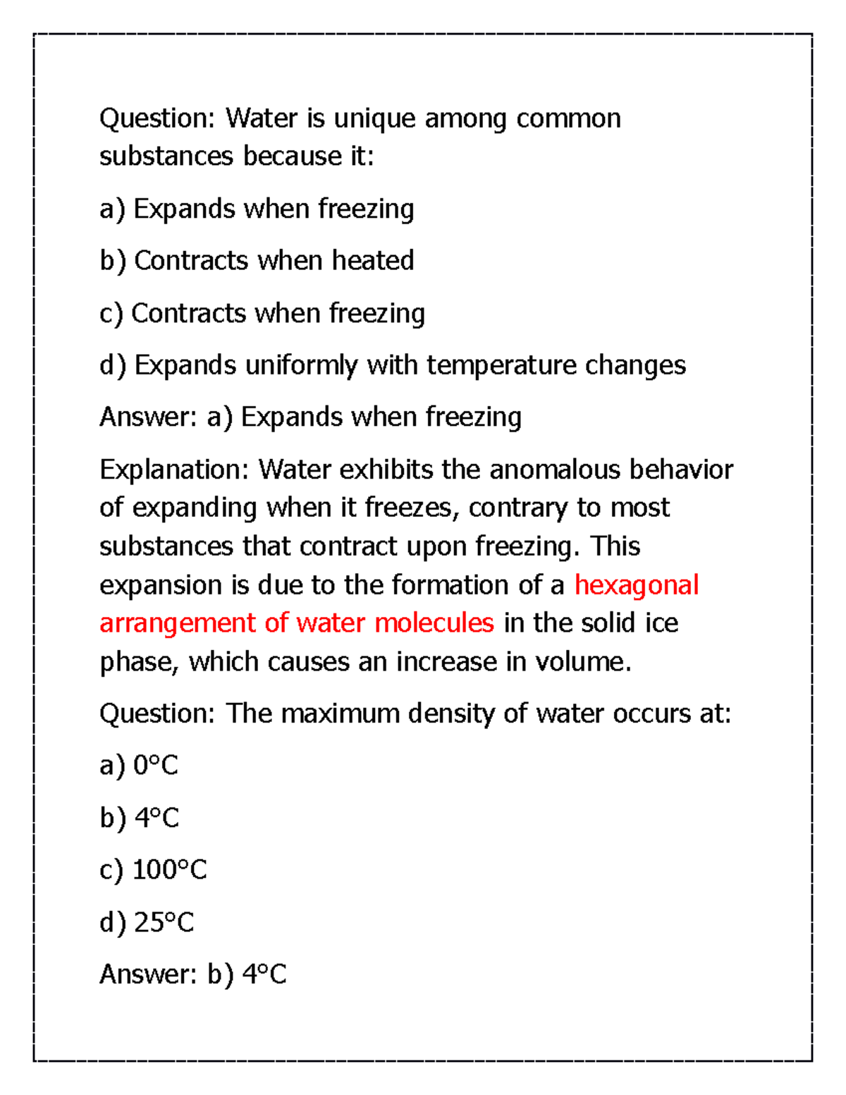 Q Bank - questions about chemical - Question: Water is unique among ...