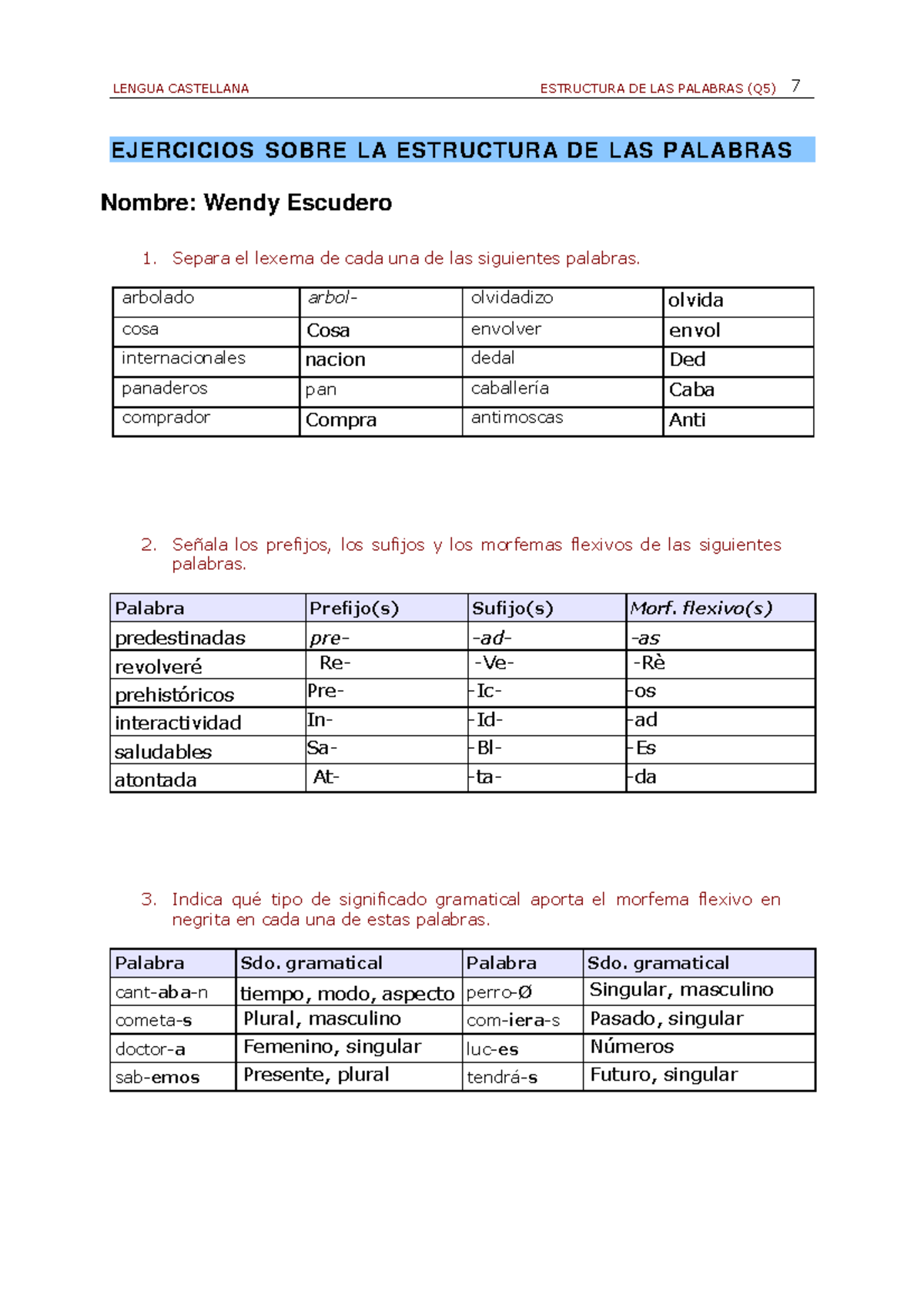 La estructura de las palabras - EJERCICIOS SOBRE LA ESTRUCTURA DE LAS ...