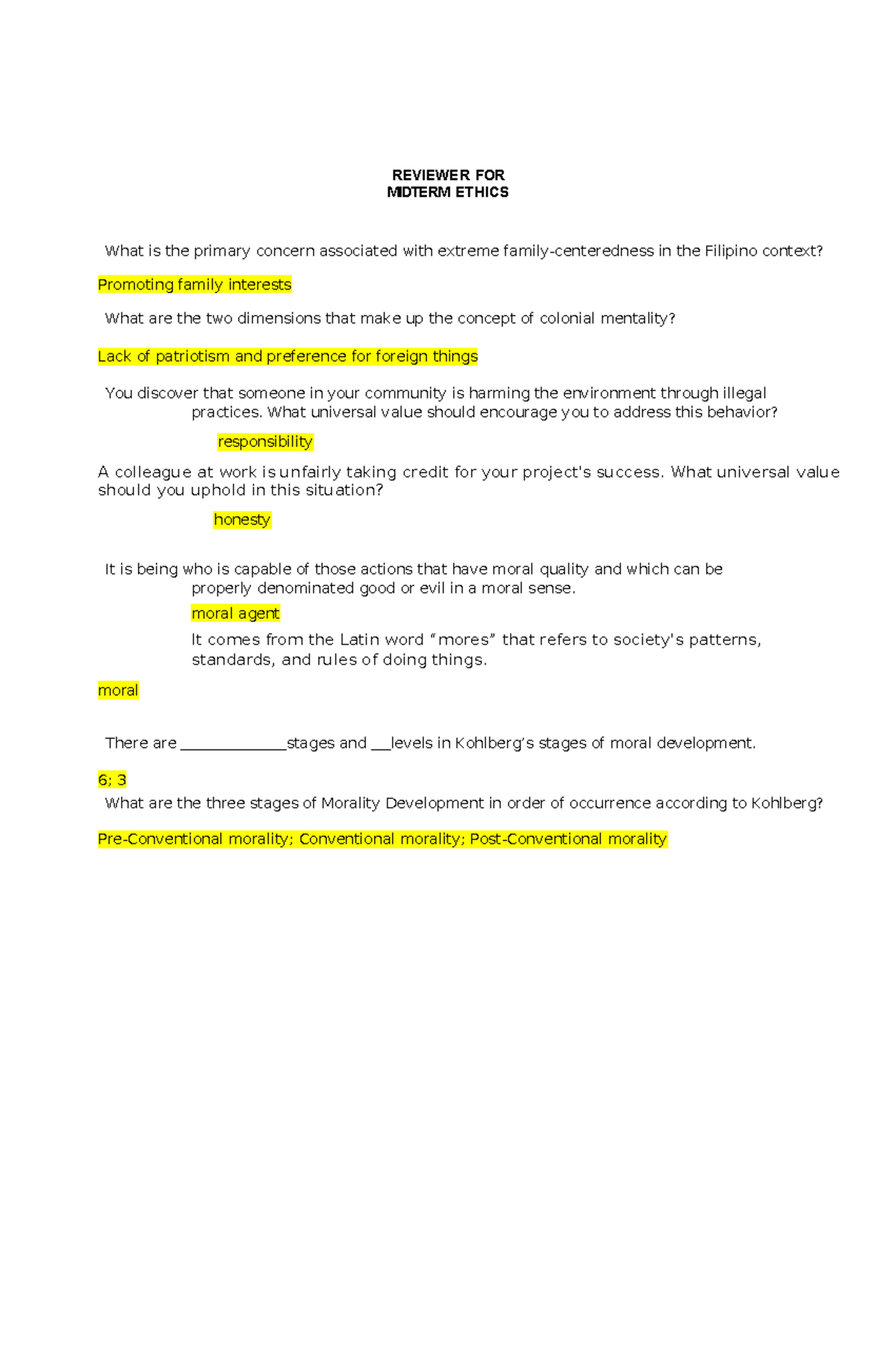 Midterm Reviewer FOR Ethics - REVIEWER FOR MIDTERM ETHICS What is the ...