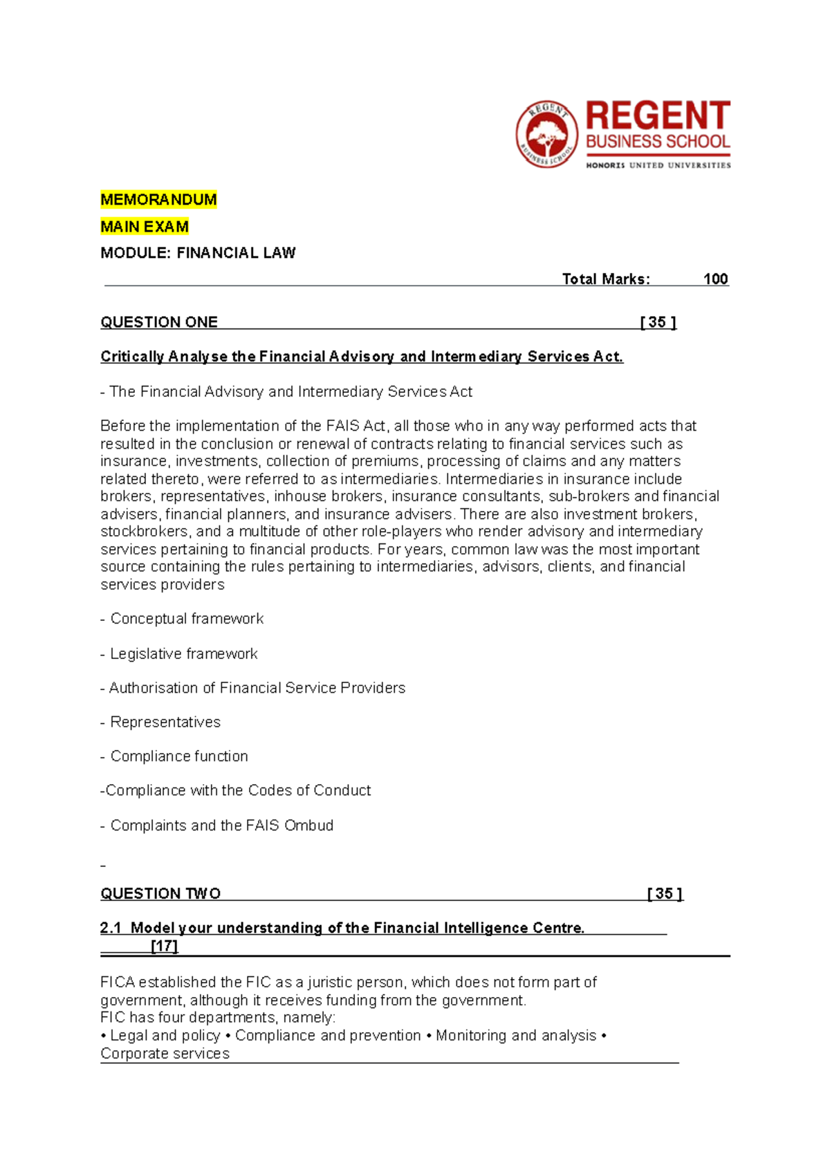Bcomlw Financial Law MEMO - MEMORANDUM MAIN EXAM MODULE: FINANCIAL LAW ...