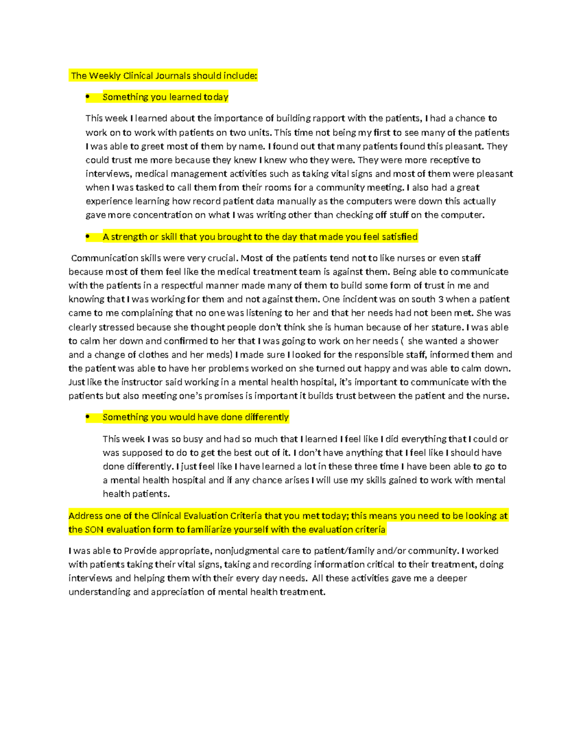 Weekly journal 3 mental health - The Weekly Clinical Journals should ...