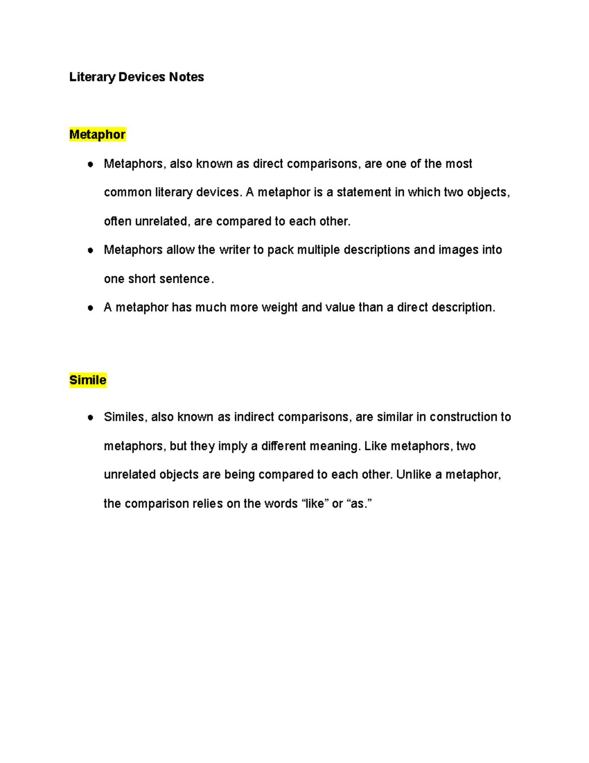 Literary Devices Notes - Literary Devices Notes Metaphor Metaphors ...