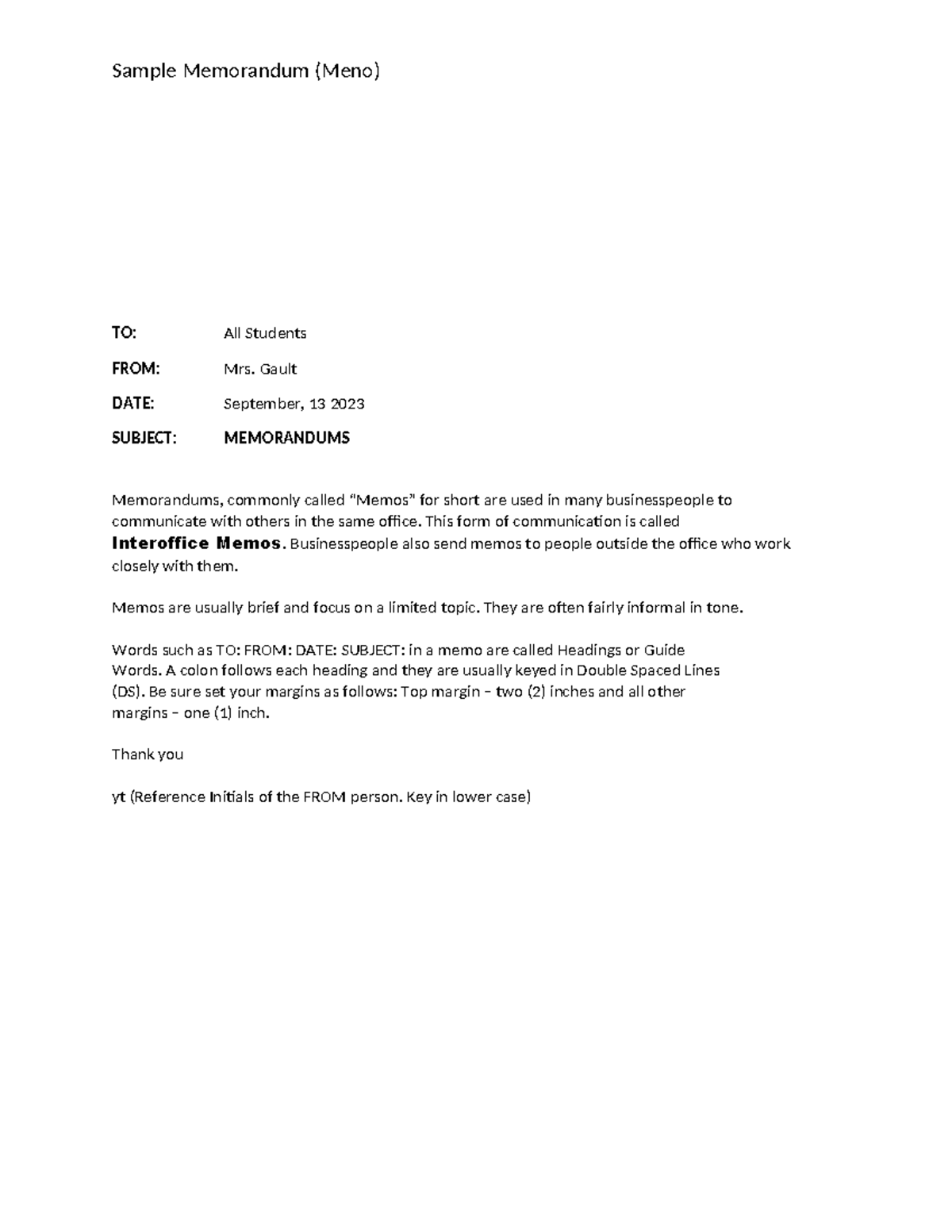 The TO Document - Sample Memorandum (Meno) TO: All Students FROM: Mrs ...
