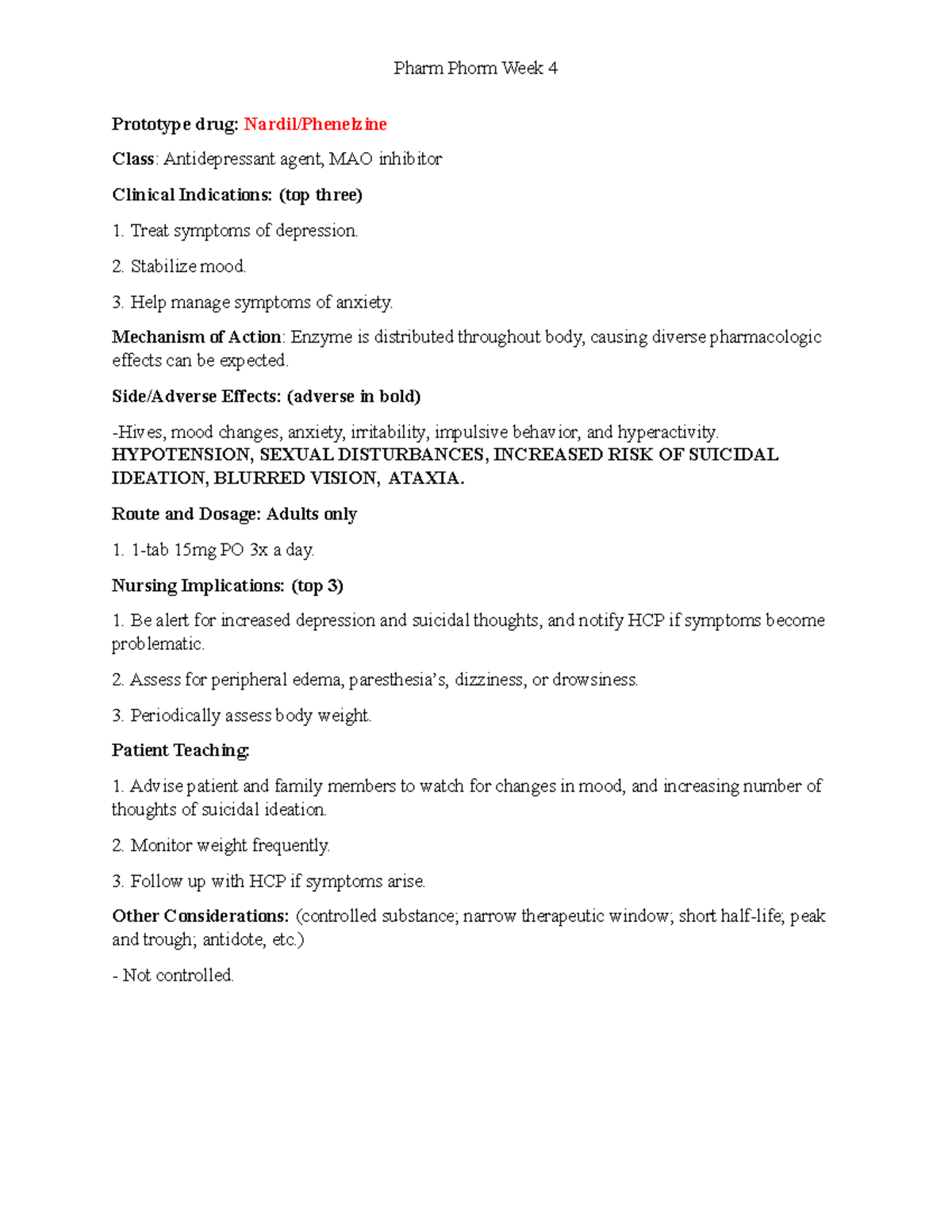NR 326 Pharm Week 4 - Psych medications - Prototype drug: Nardil ...