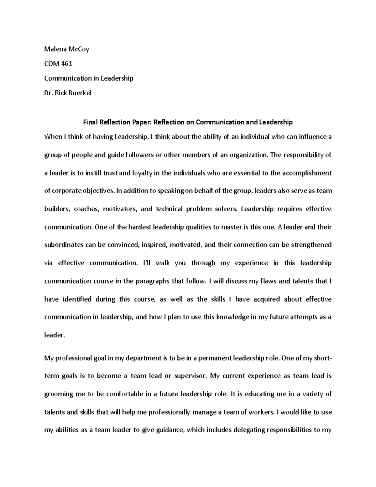 COM 461 Final Reflection Paper - Malena McCoy COM 461 Communication in ...