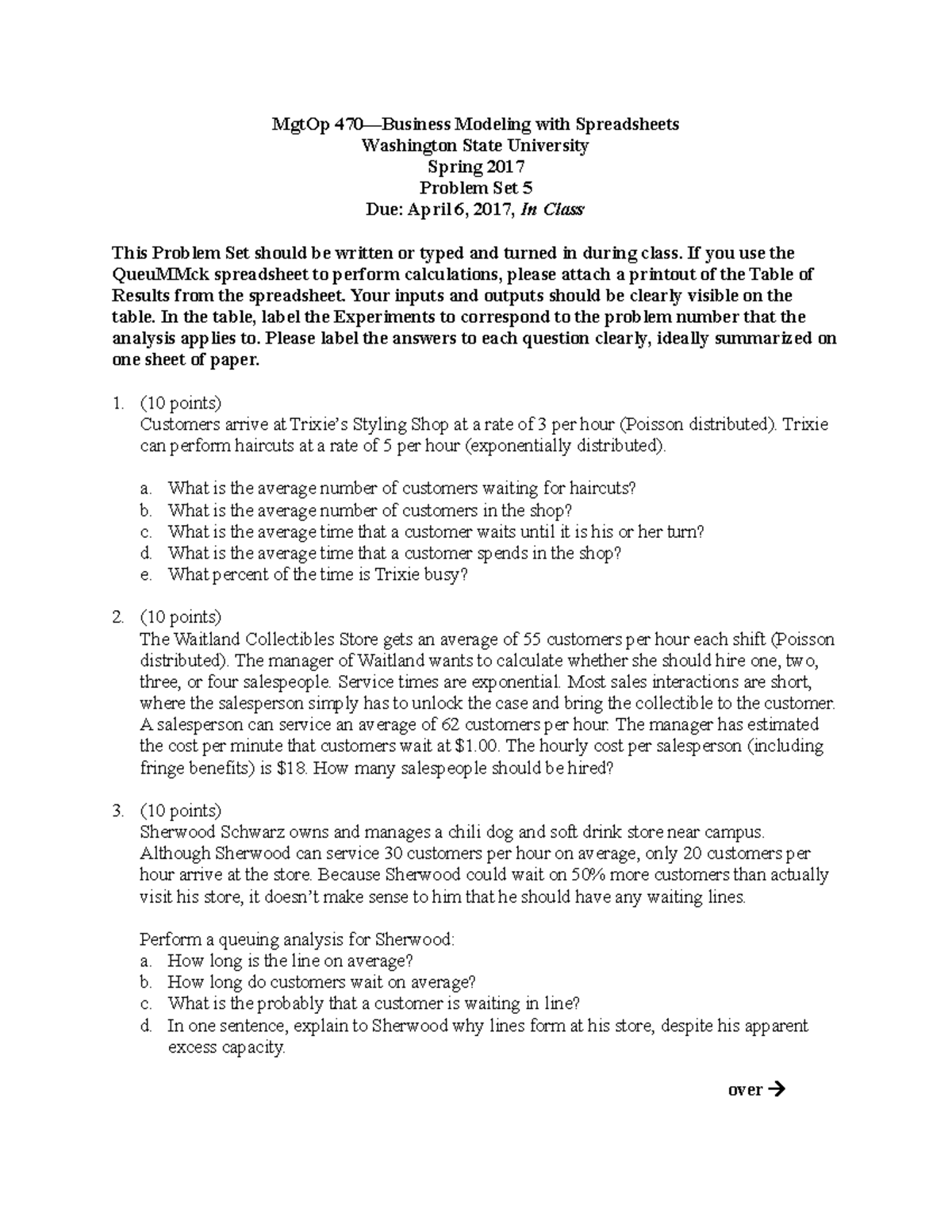 Assignments - Problem Set 5 - MgtOp 470—Business Modeling with ...