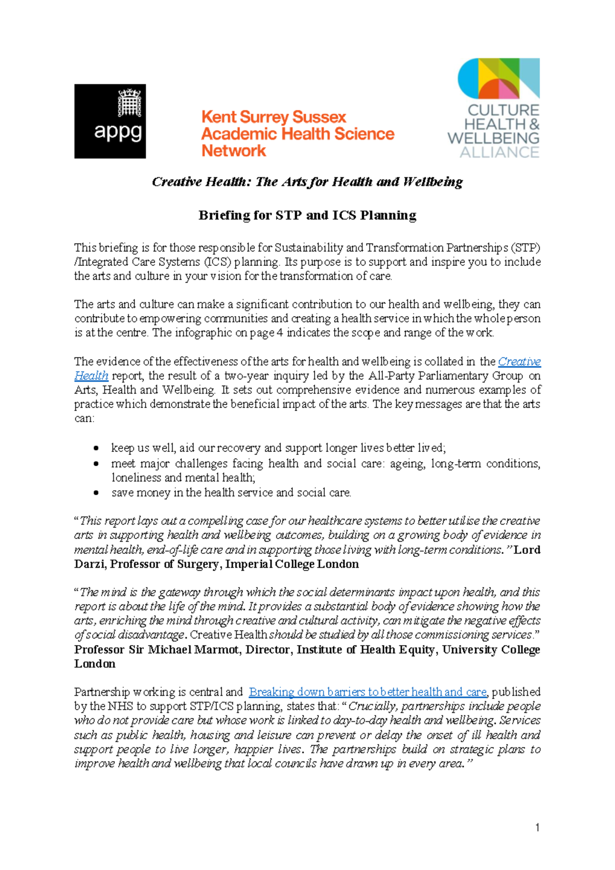 Creative Health The Arts for Health and Wellbeing - Its purpose is to ...