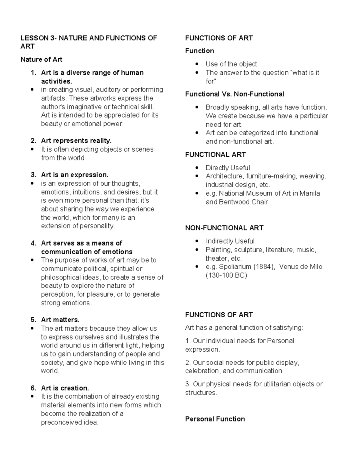 M1- Lesson 3 - art app - LESSON 3- NATURE AND FUNCTIONS OF ART Nature ...