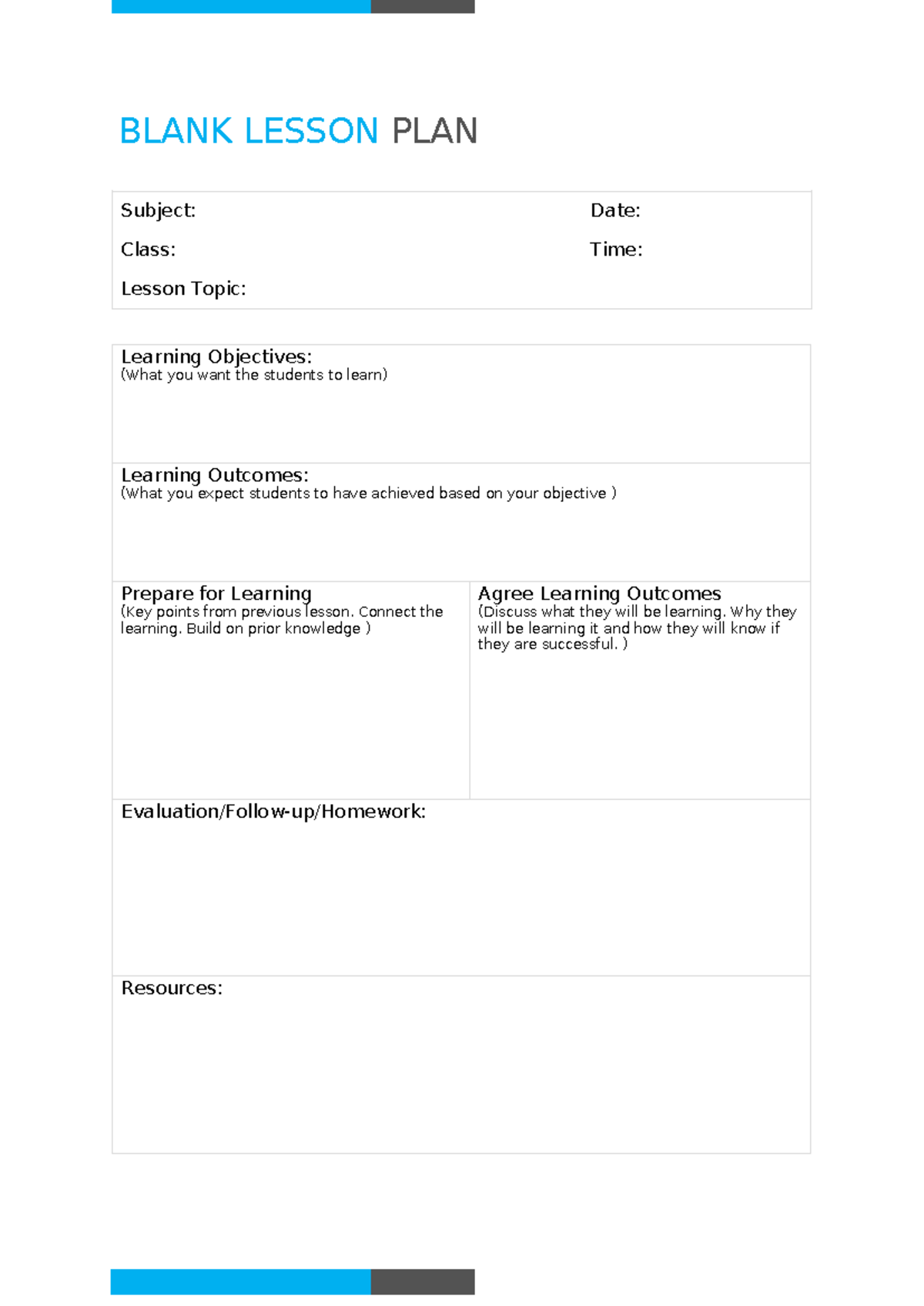 Blank Lesson Plan Template - BLANK LESSON PLAN Subject: Date: Class ...