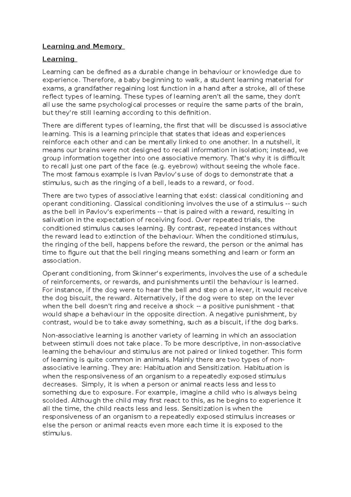 Summary Learning And Memory revision Learning And Memory Learning Summary Learning And Memory revision Learning And Memory Learning