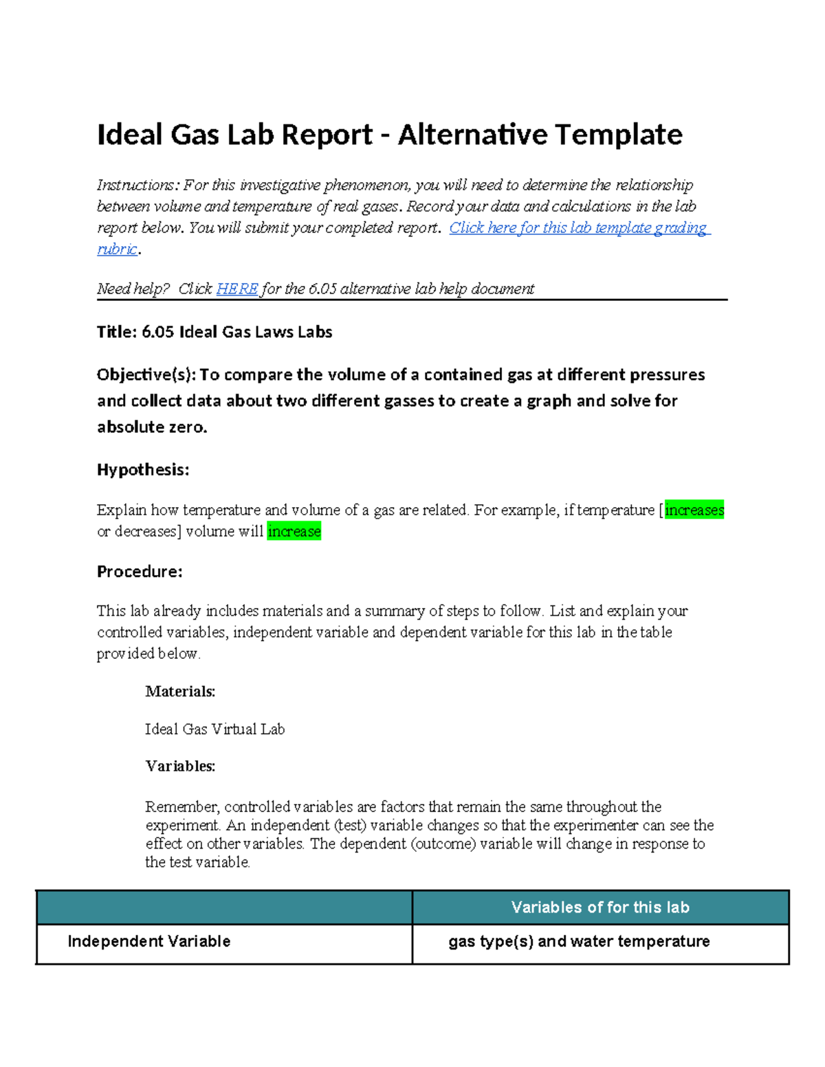 6.05 ( Chemistry)- Kenneth Prime - Ideal Gas Lab Report - Alternative ...