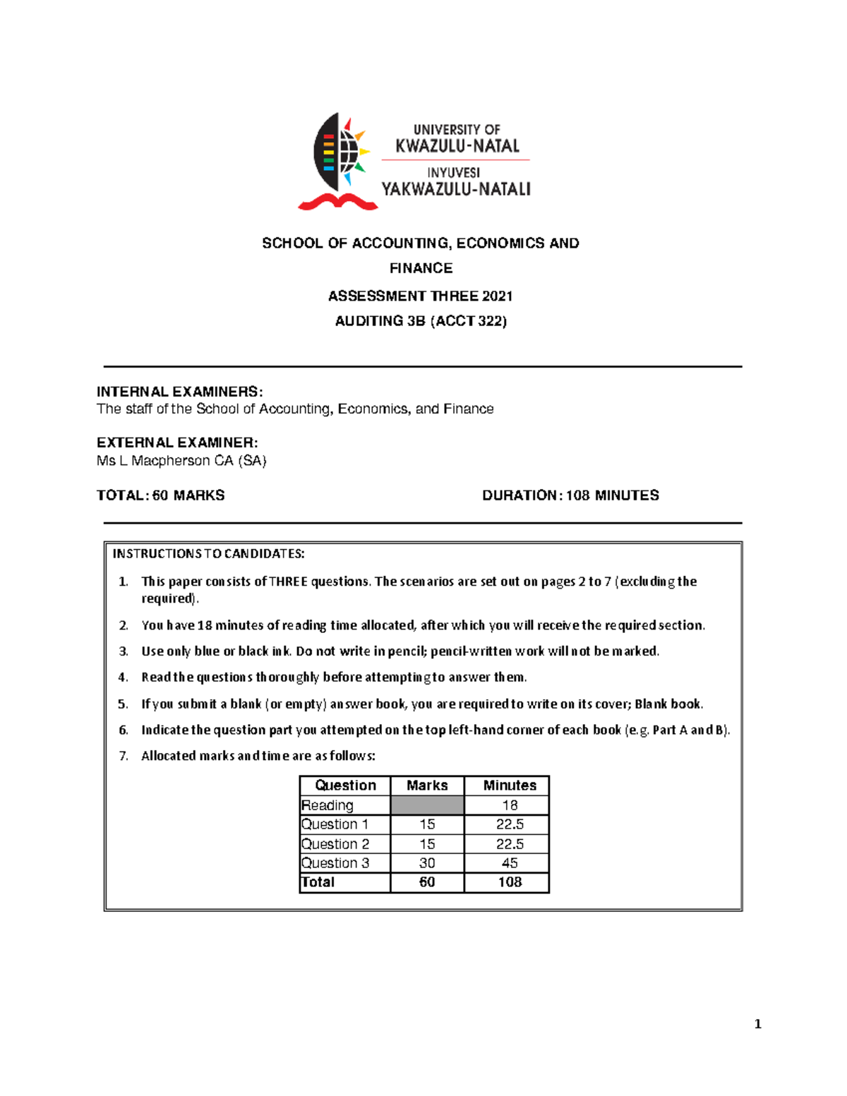 2021 Auditing 3B Assessment 3 (Question) Final - INSTRUCTIONS TO ...