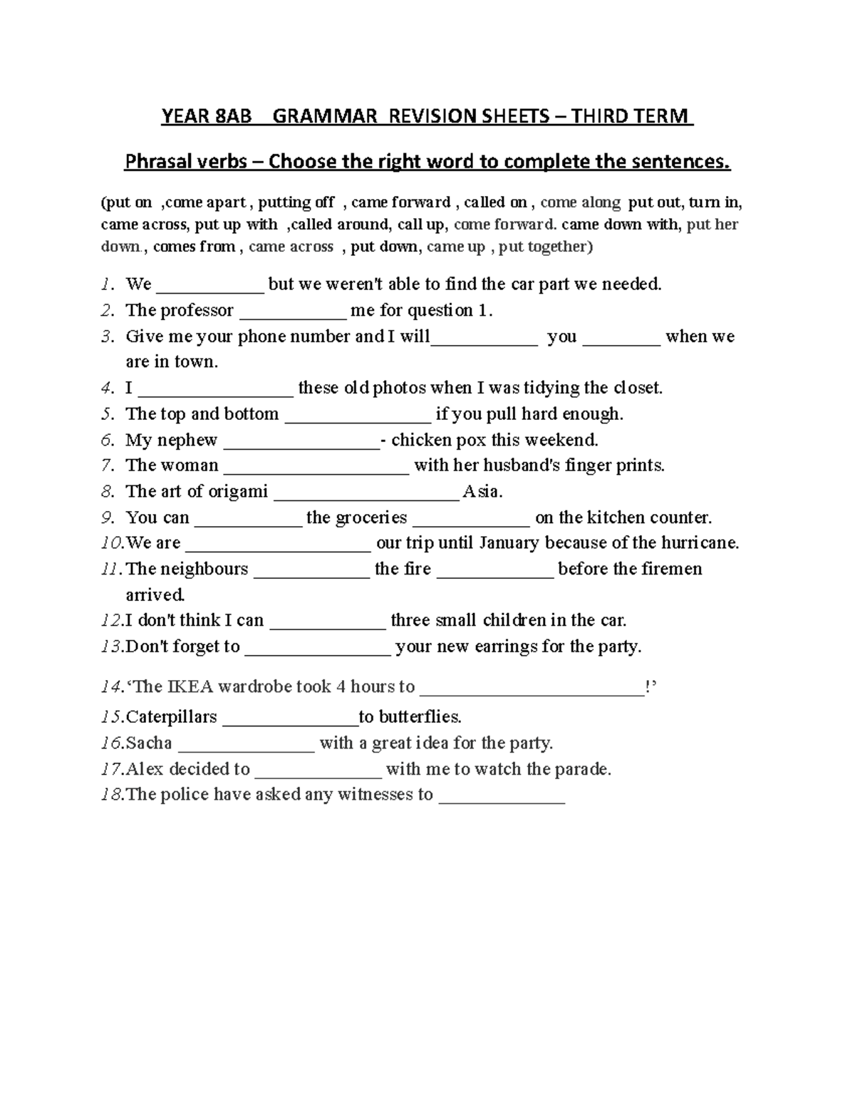 YEAR 8AB Grammar Revision Sheets - YEAR 8AB GRAMMAR REVISION SHEETS ...