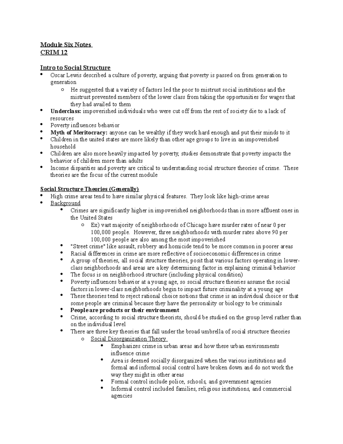 Module Six Notes - Module Six Notes CRIM 12 Intro to Social Structure ...