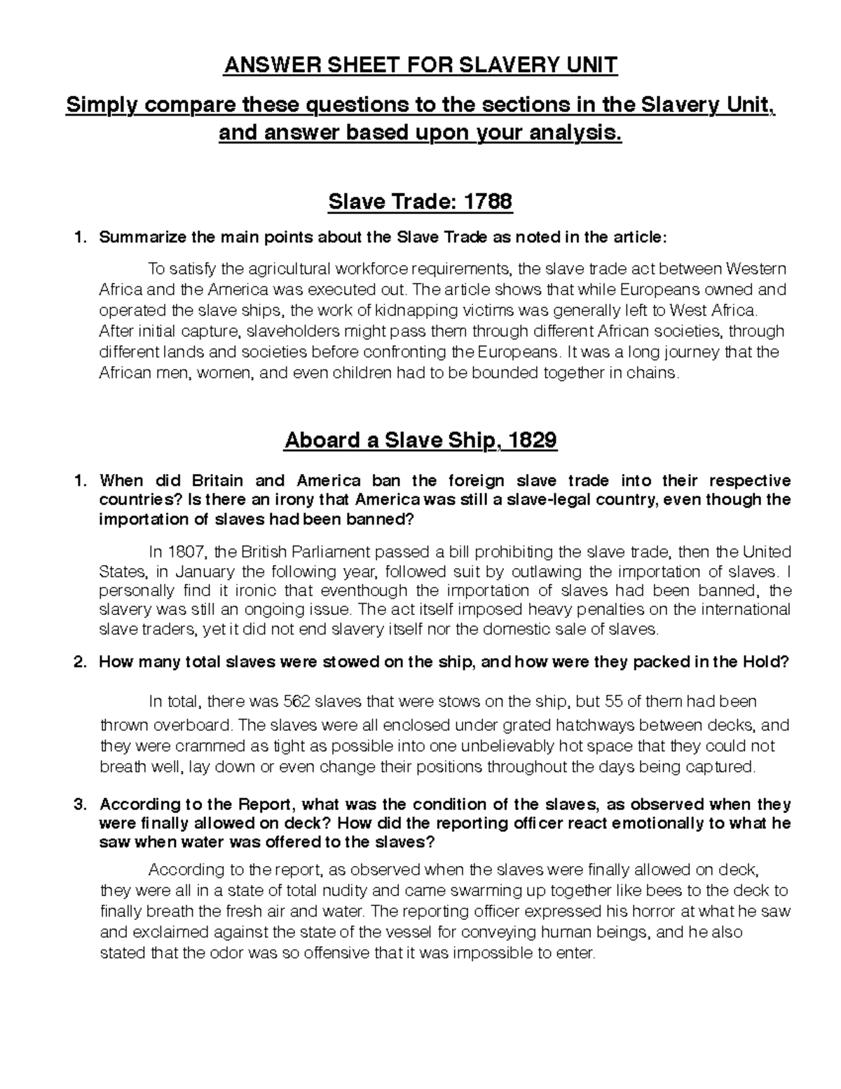 OCC HIST170 Slavery Answer Sheet - ANSWER SHEET FOR SLAVERY UNIT Simply ...