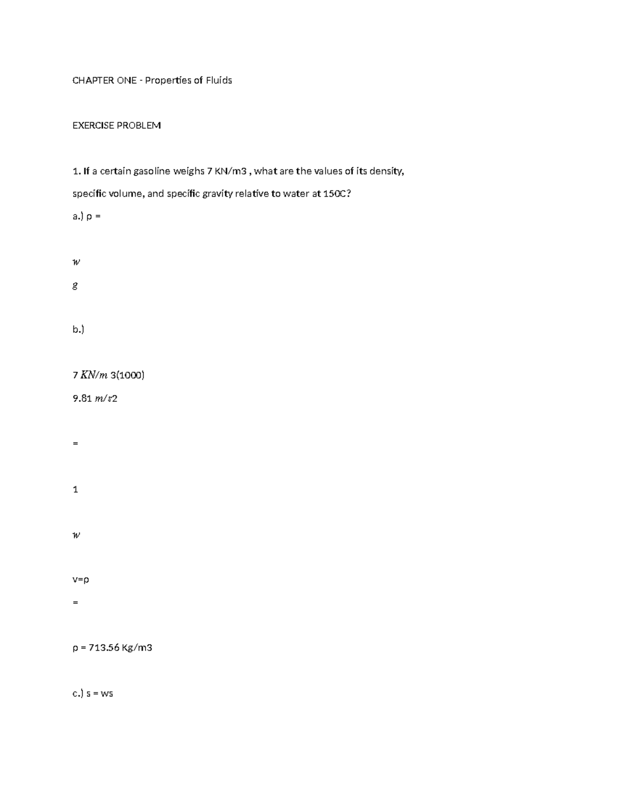 Fluids assingnmenmt - CHAPTER ONE - Properties of Fluids EXERCISE ...