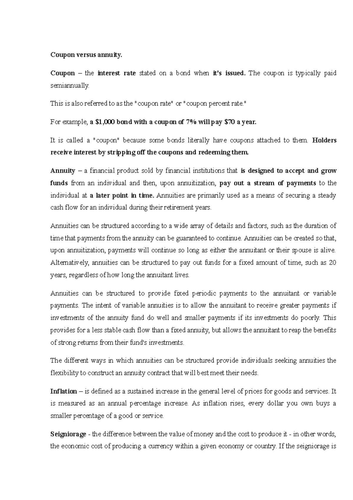 Economics. Lecture notes on Coupon versus annuity - Coupon versus ...
