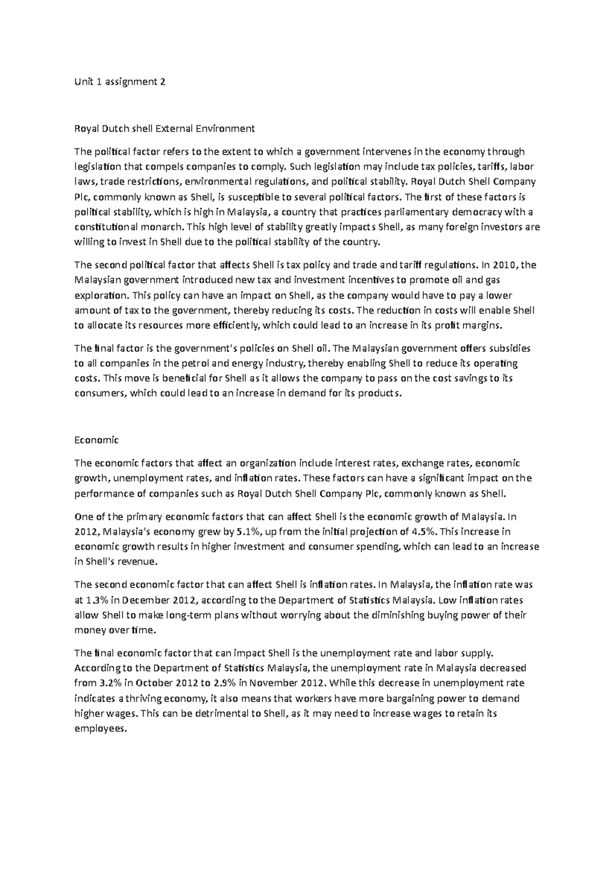 Unit 1 assignment 2 shell - Unit 1 assignment 2 Royal Dutch shell External Environment The ...