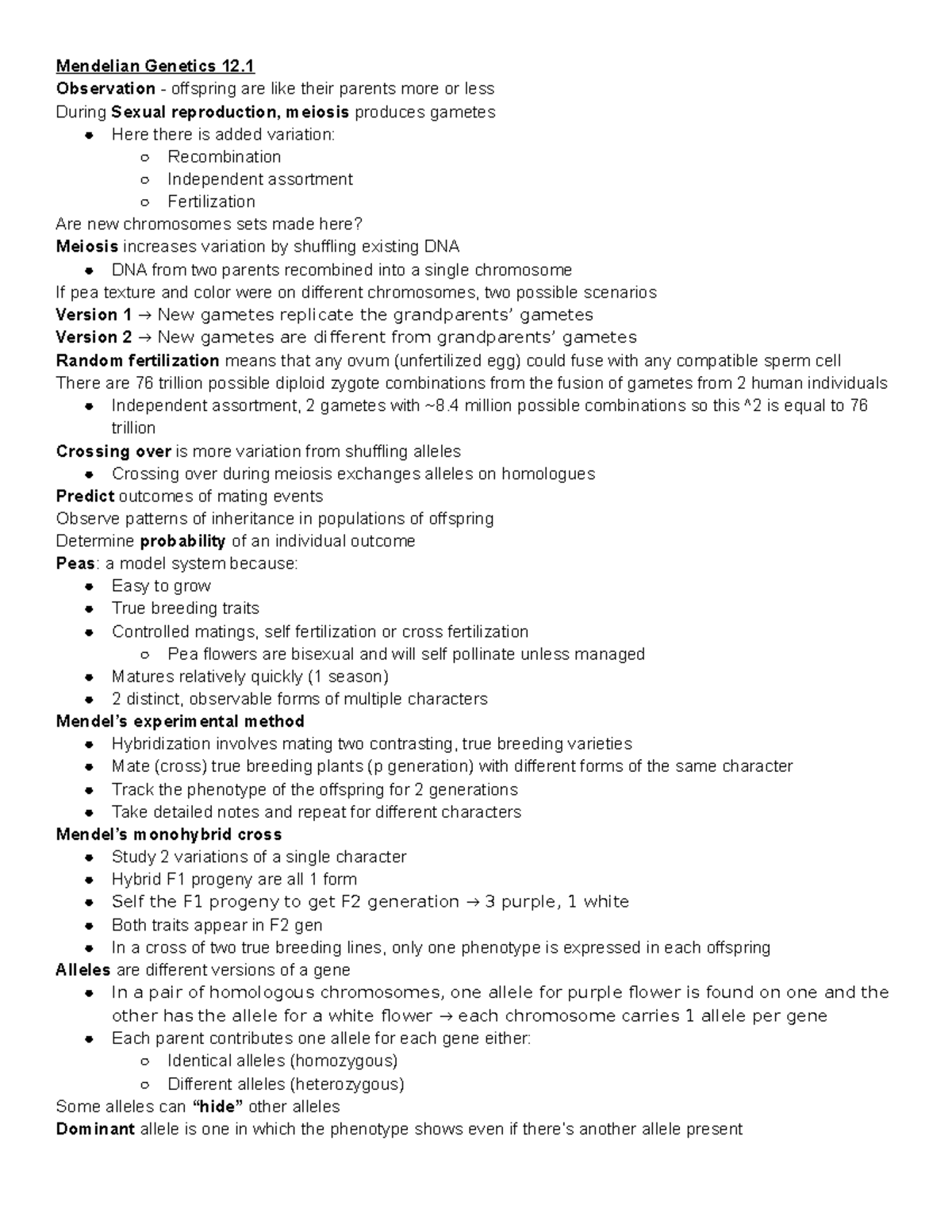 BIO 1100 Study Guide Midterm 3 - Mendelian Genetics 12 Observation ...