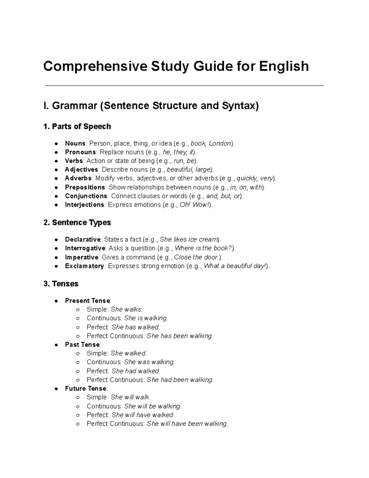 Comprehensive Study Guide for English - Grammar (Sentence Structure and ...