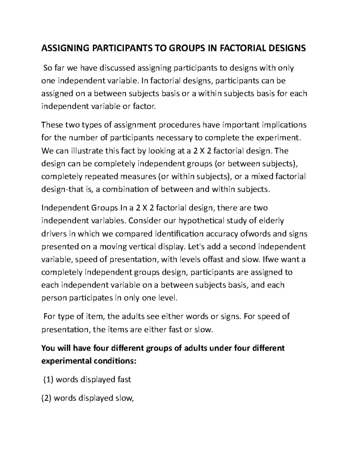 Assigning Participants TO Groups IN Factorial Designs - ASSIGNING ...