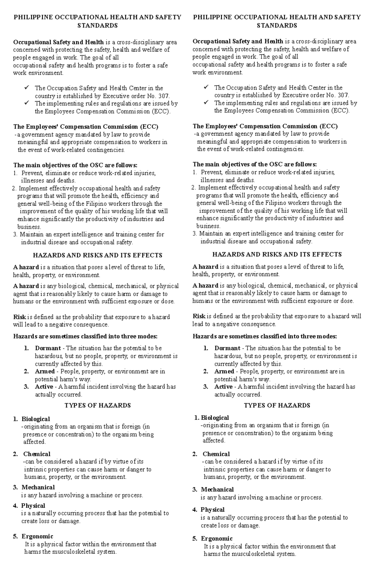 Handouts- OSH AND Hazards - PHILIPPINE OCCUPATIONAL HEALTH AND SAFETY ...