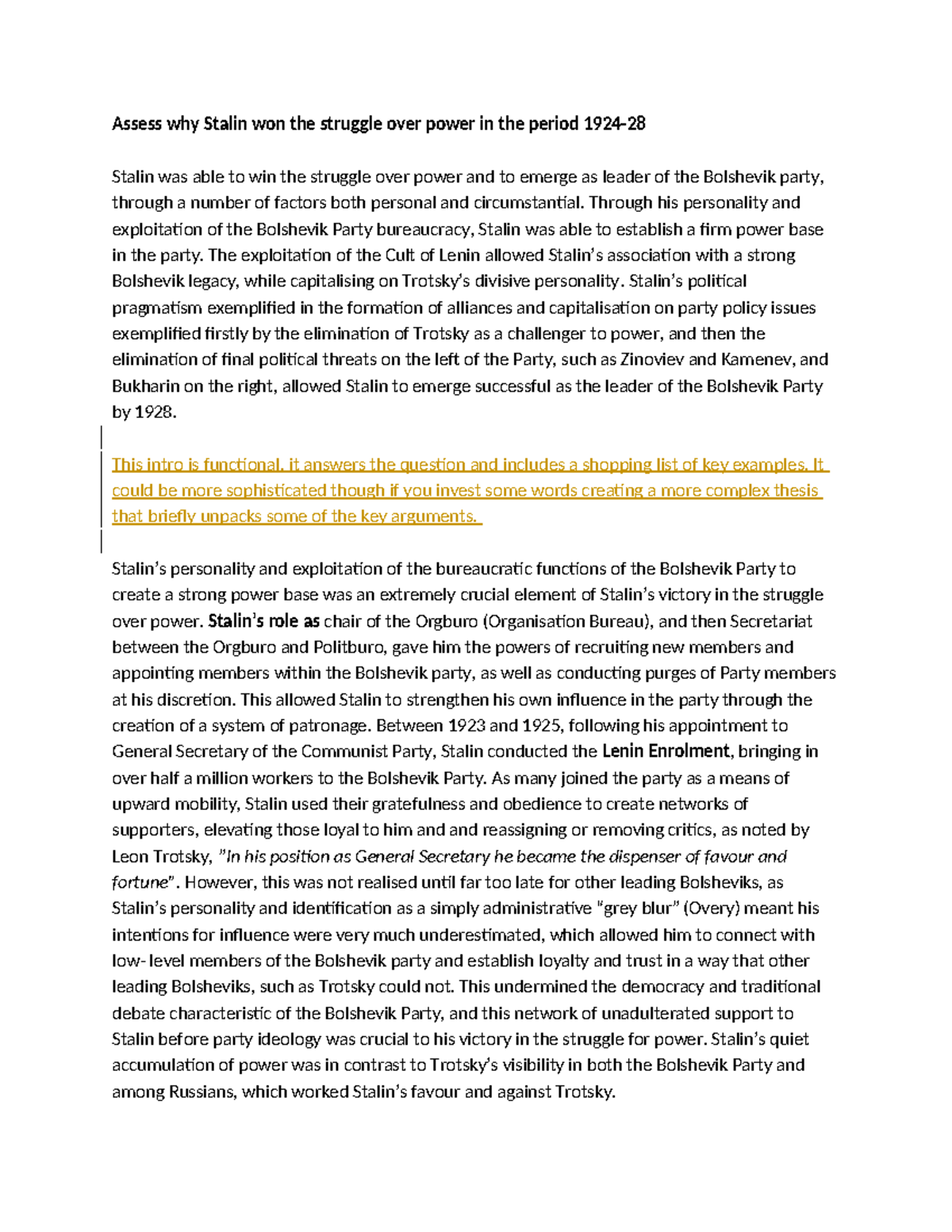 Assess why Stalin won the struggle over power in the period 1924-28 ...