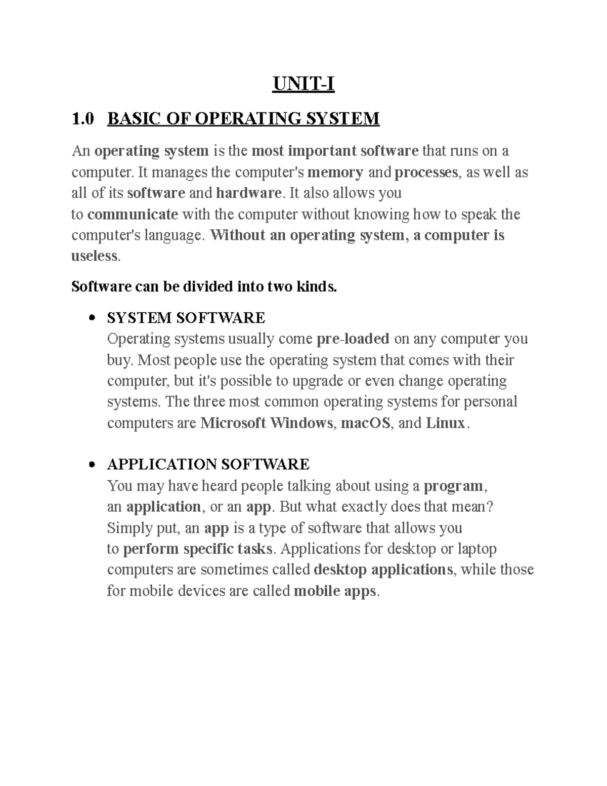 UNIT-1 - pill camera - UNIT-I 1 BASIC OF OPERATING SYSTEM An operating system is the most ...