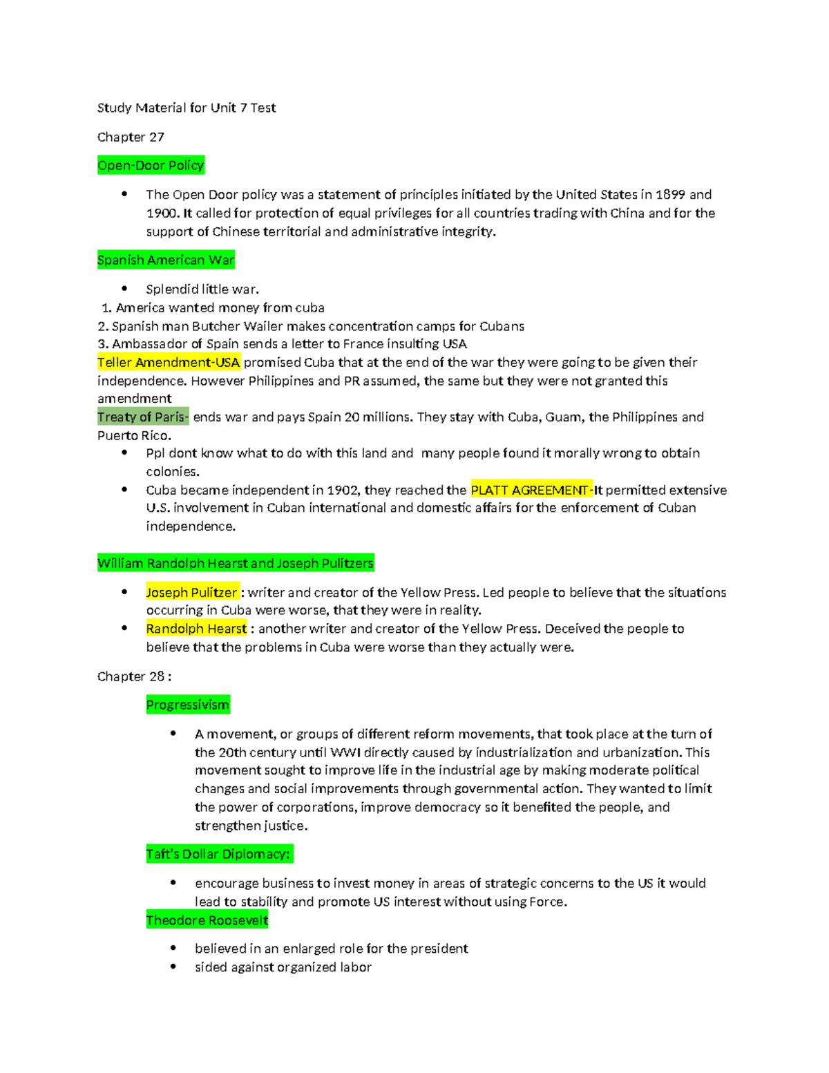 Study Material for Unit 7 Test - It called for protection of equal ...