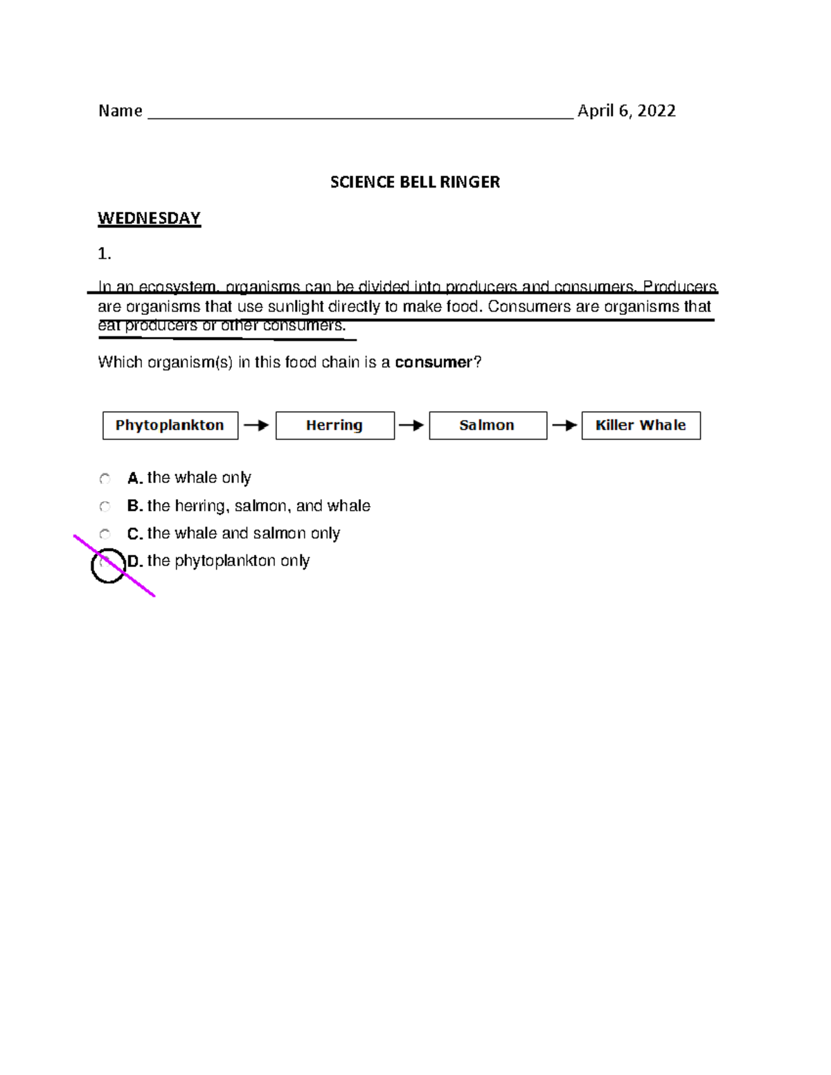 Shyrianna Fair - Science Bell ringer 4-6-22 - Name