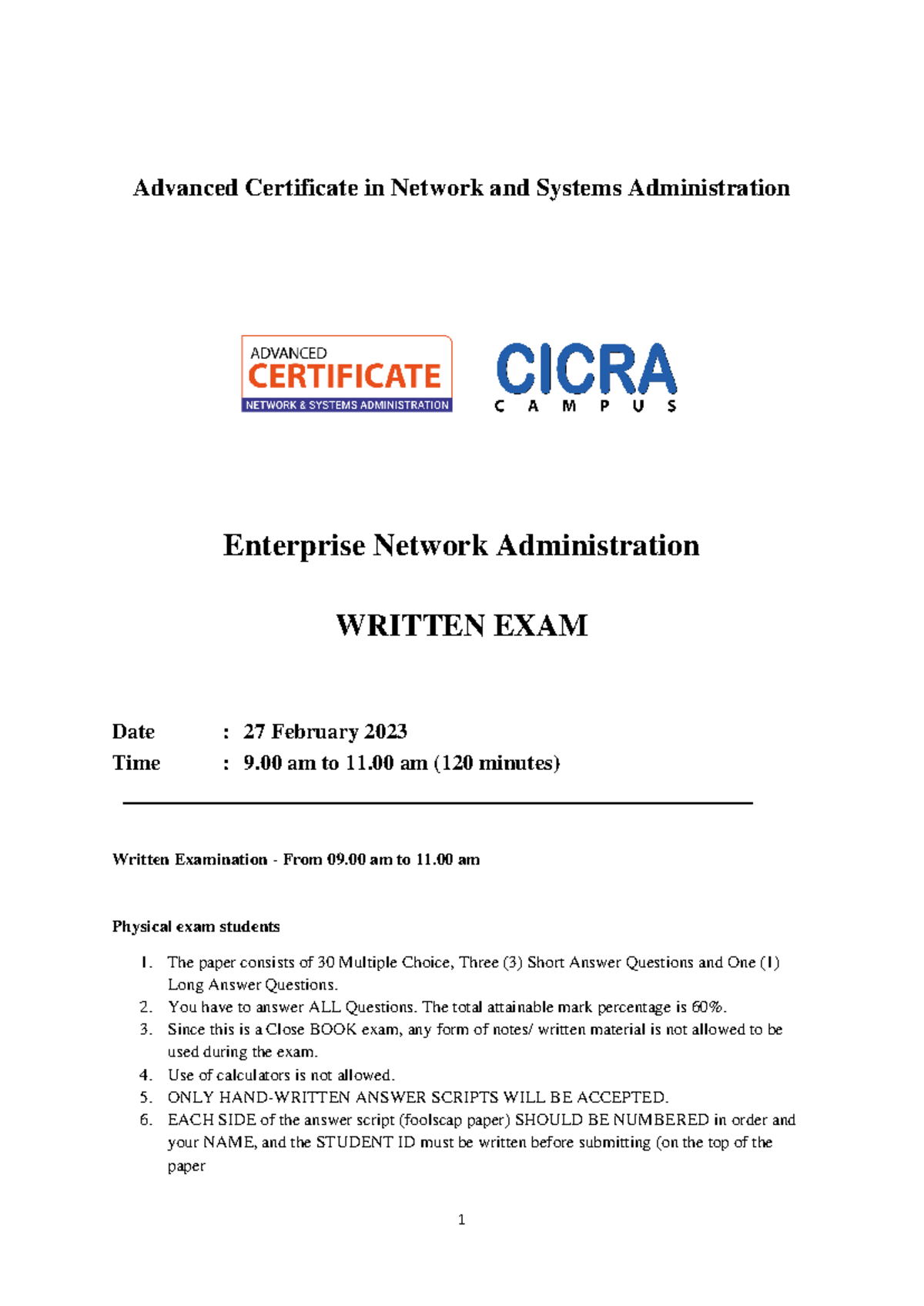 Written Paper Enterprise Network Administration - Advanced Certificate ...