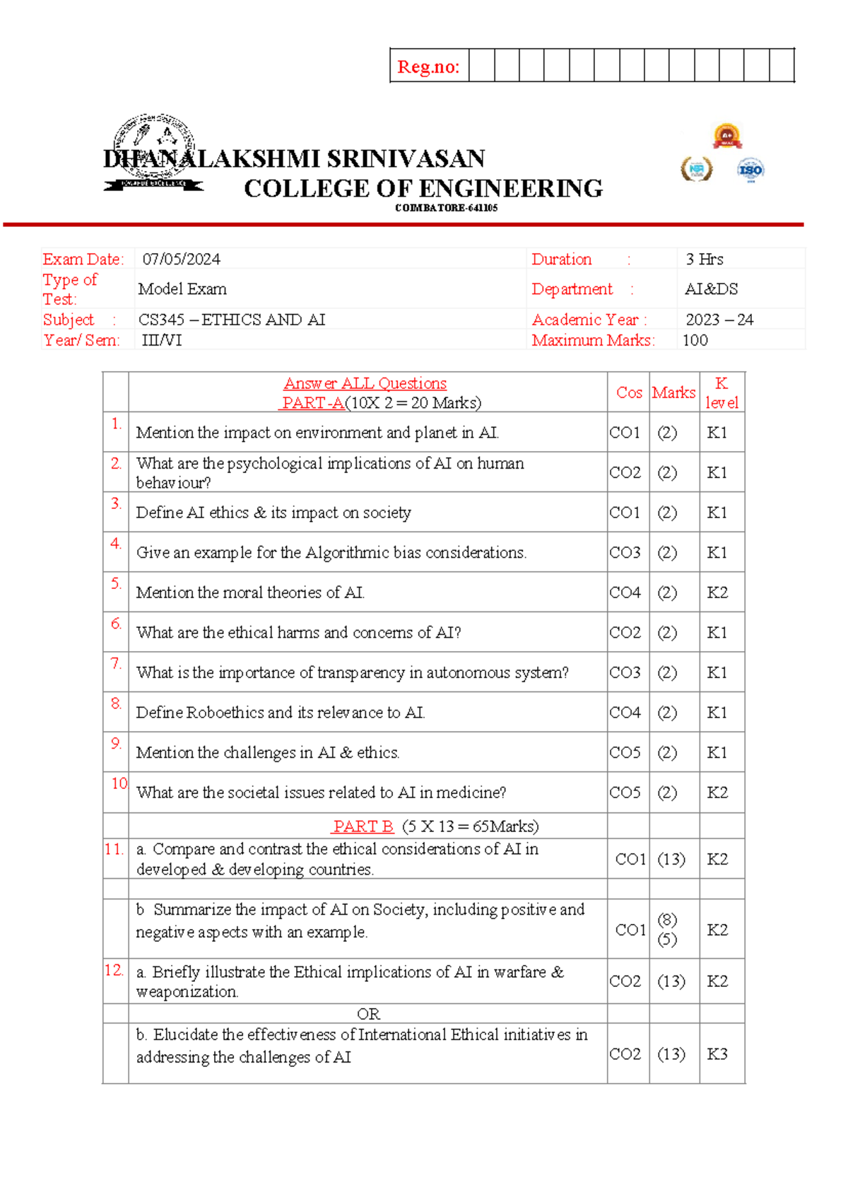 EAI- model set question paper - DHANALAKSHMI SRINIVASAN COLLEGE OF ...
