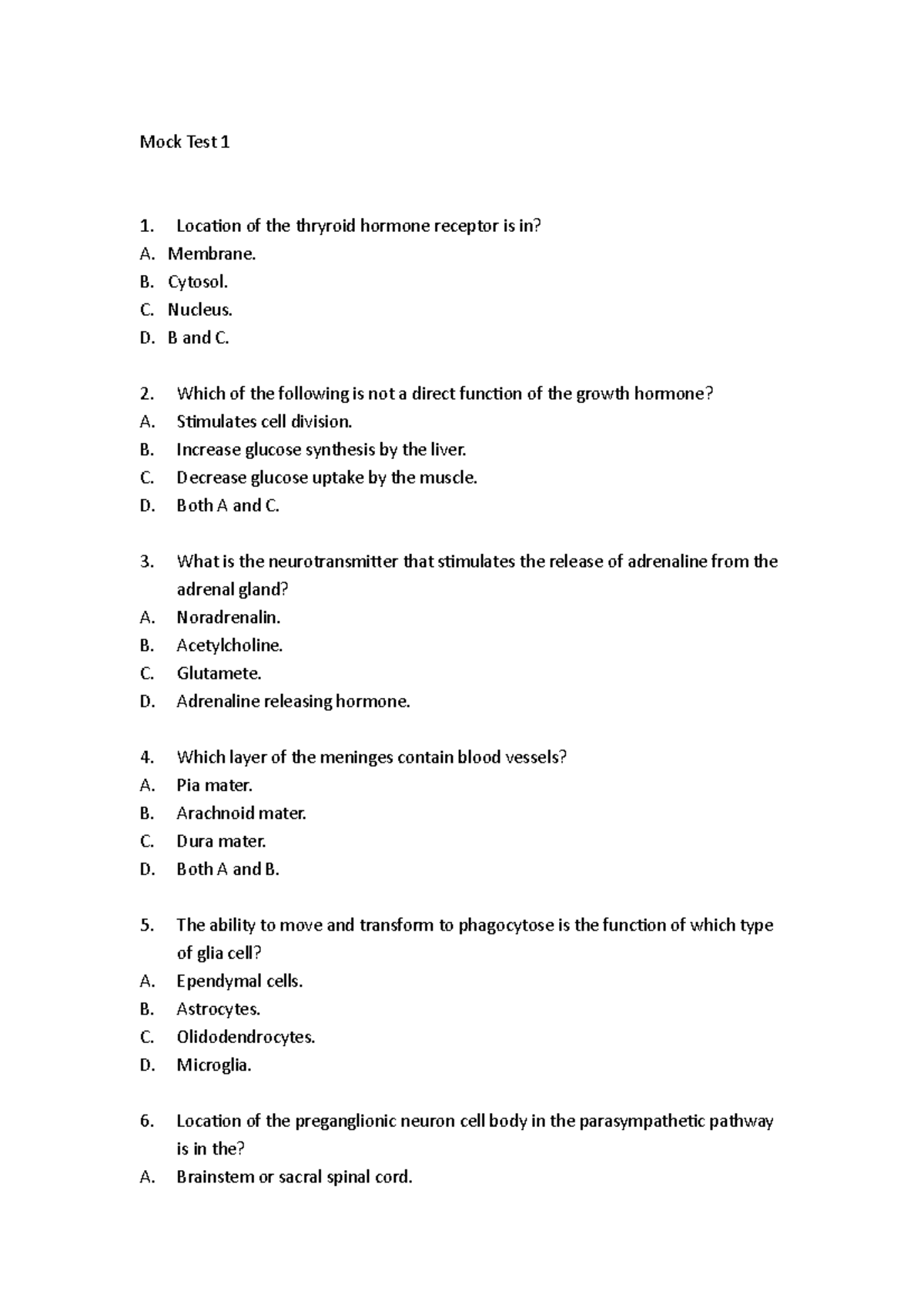 HUBS191 practice Test 1 - Mock Test 1 Location of the thryroid hormone ...