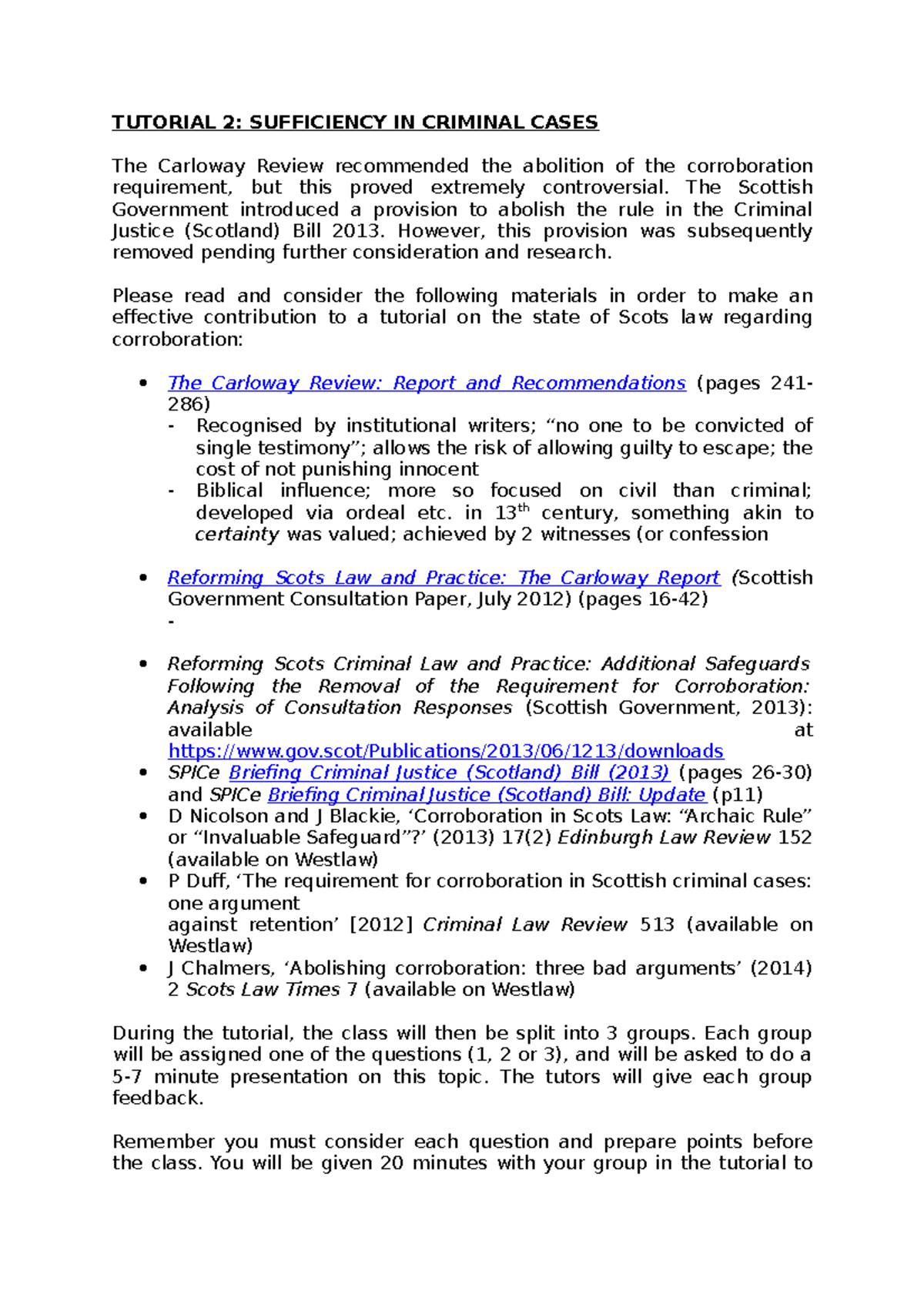 Tutorial 2 (evidence essay) - TUTORIAL 2: SUFFICIENCY IN CRIMINAL CASES ...