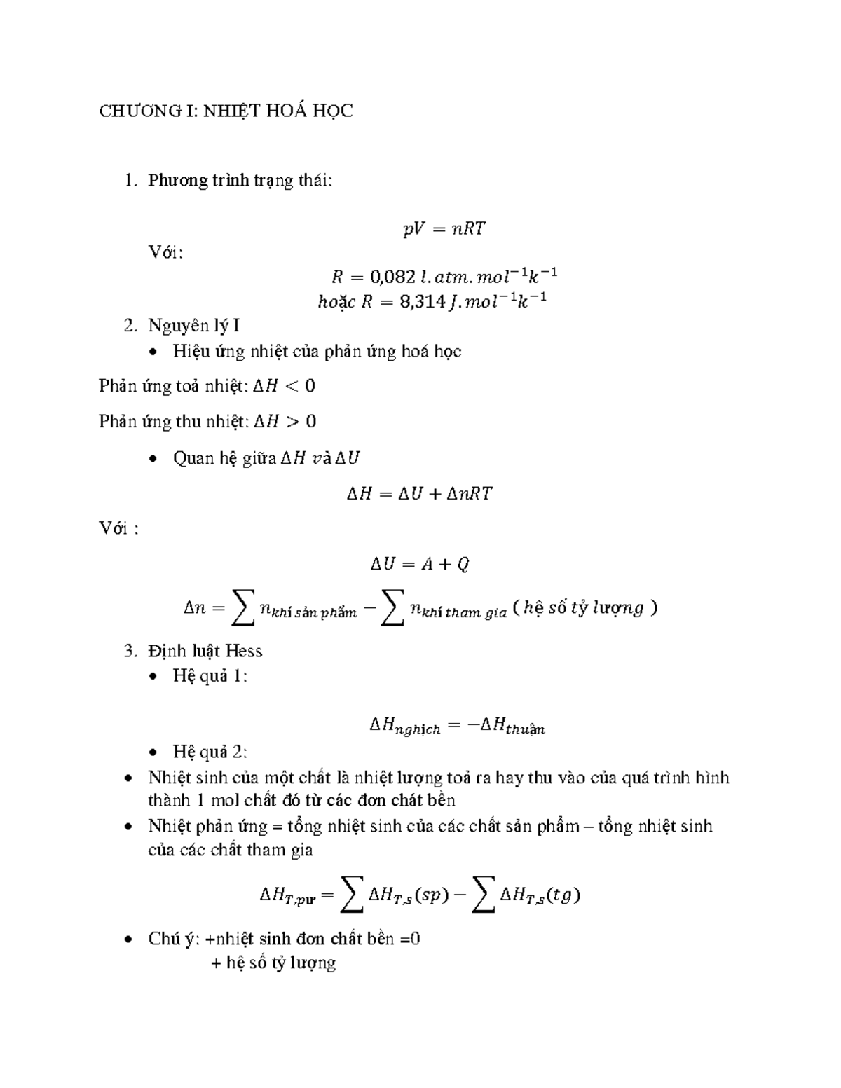 Ôn hoá - công thức hoá - CHƯƠNG I: NHIỆT HOÁ HỌC Phương trình trạng ...
