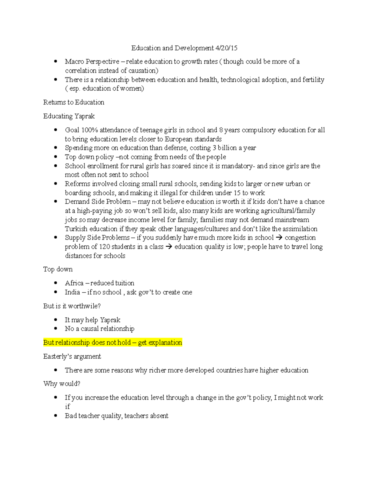 Econ 24 education - Notes-24 - Education and Development 4/20/ Macro ...