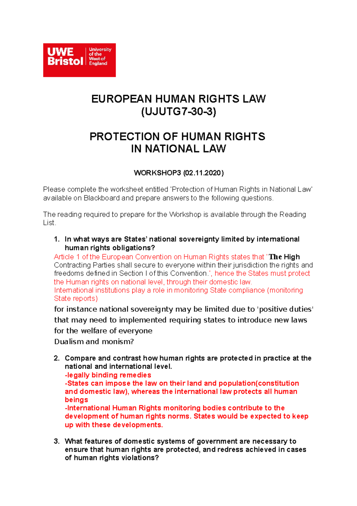 EHR Workshop 3 Questions - EUROPEAN HUMAN RIGHTS LAW (UJUTG7-30-3 ...