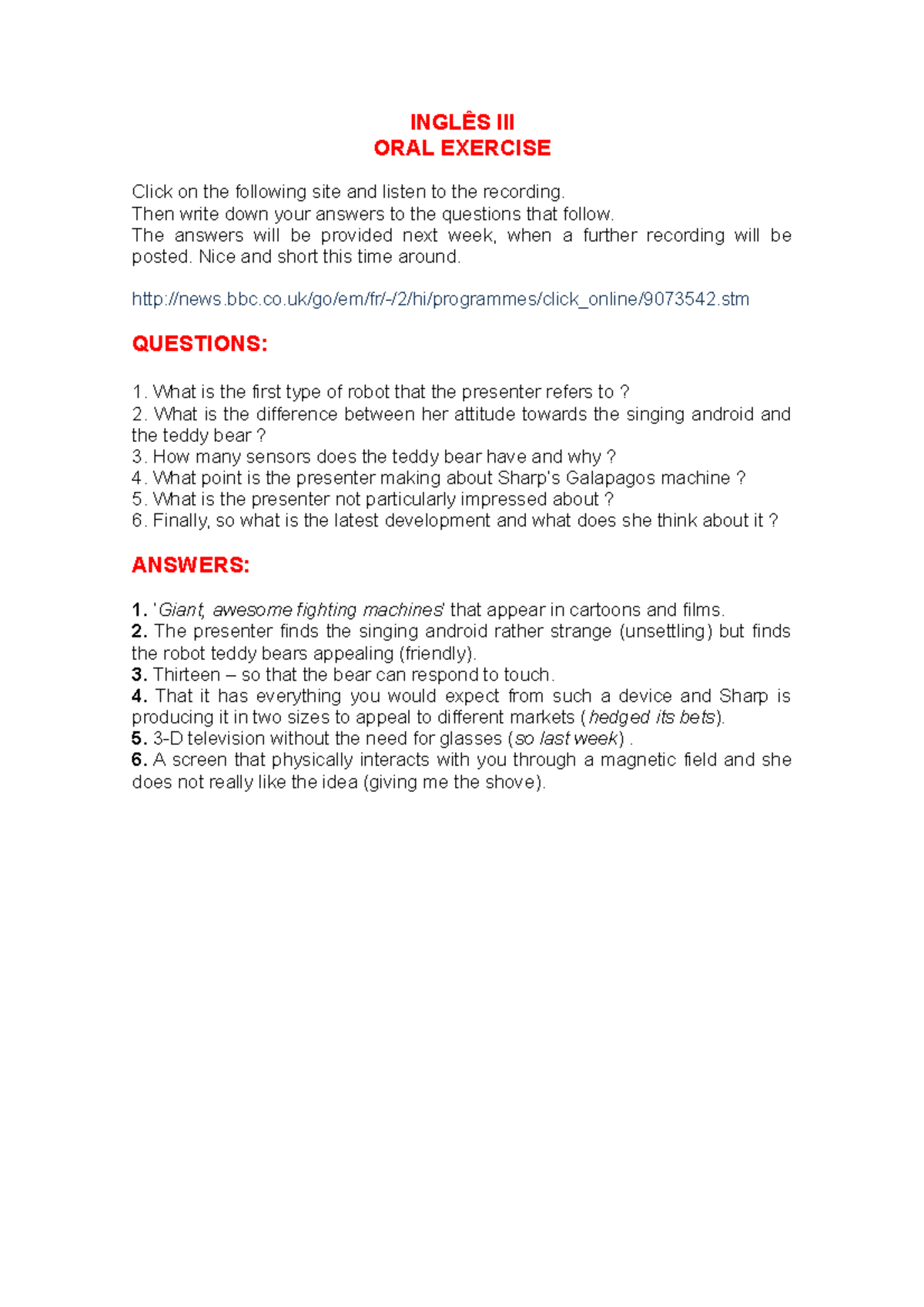 Topic 3 - ORAL Exercise - Actividades - INGLÊS III ORAL EXERCISE Click ...